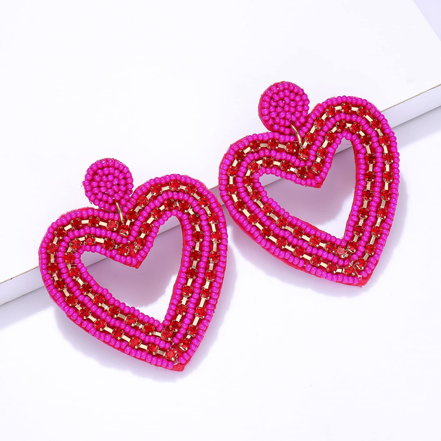 XOCARTIGE Valentine’s Day Earrings for women Heart Dangle Drop Earrings Red Beaded Earrings Romantic Sparkling Rhinestone Handmade Gift Earrings (Rose Red)