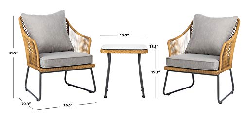 SAFAVIEH Outdoor Collection Jensen Natural Brown Rattan/Grey Seat Cushion 3-Piece Patio Lounge Bistro Set with Table (PAT9008A)