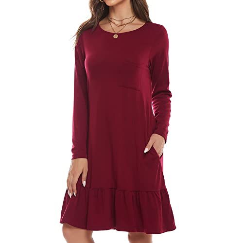 Women Ruffle Dress Loose Splicing Long Sleeve A-Line Dress Solid Color Round Neck Stretch Dress with Pockets