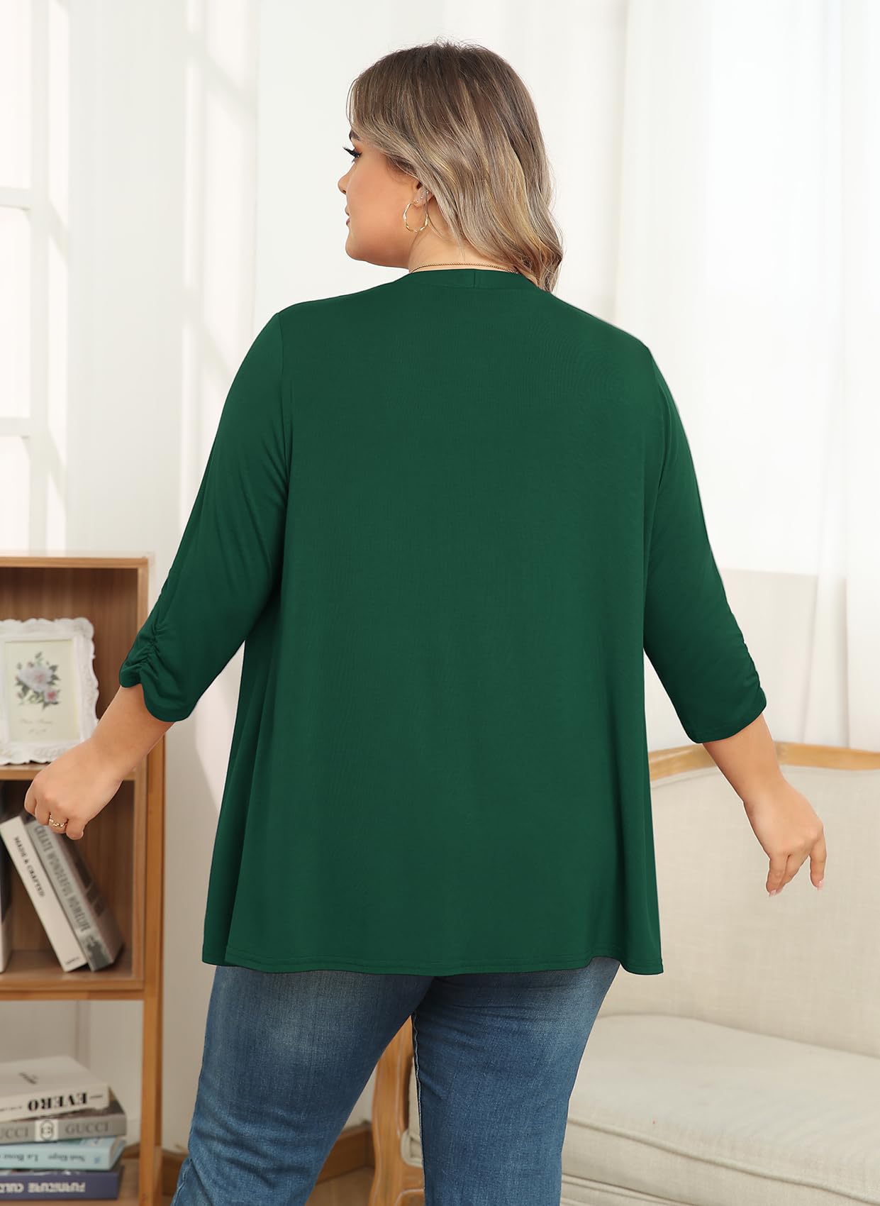 POSESHE Women's Plus Size Casual Lightweight Open Front Cardigans Soft Draped 3/4 Sleeve Cardigan Dark Green 4X-Large