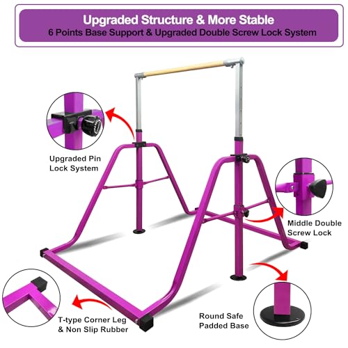YANGG Foldable Gymnastics Kip Bar for Kids,3'to 5' Adjustable Height Horizontal Bar,Home Gym Equipment for Home Training (Without MAT, Purple)