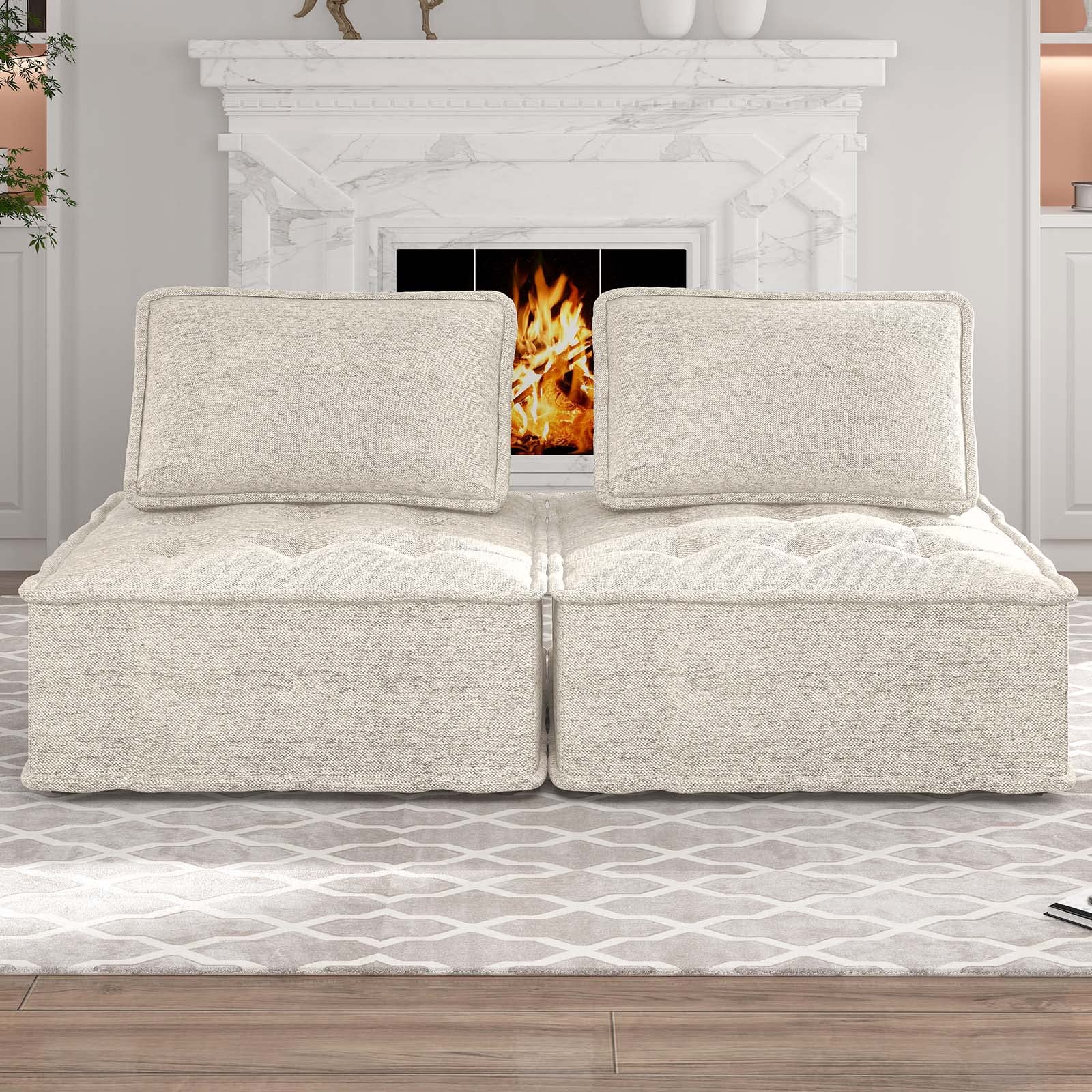 PUREMIND Modular Sofa, Loveseat Upholstered Armless Floor Sofa with Removable Back Cushion, Linen Fabric Sectional Sofa Couch for Living Room/Bedroom/Apartment, Beige,