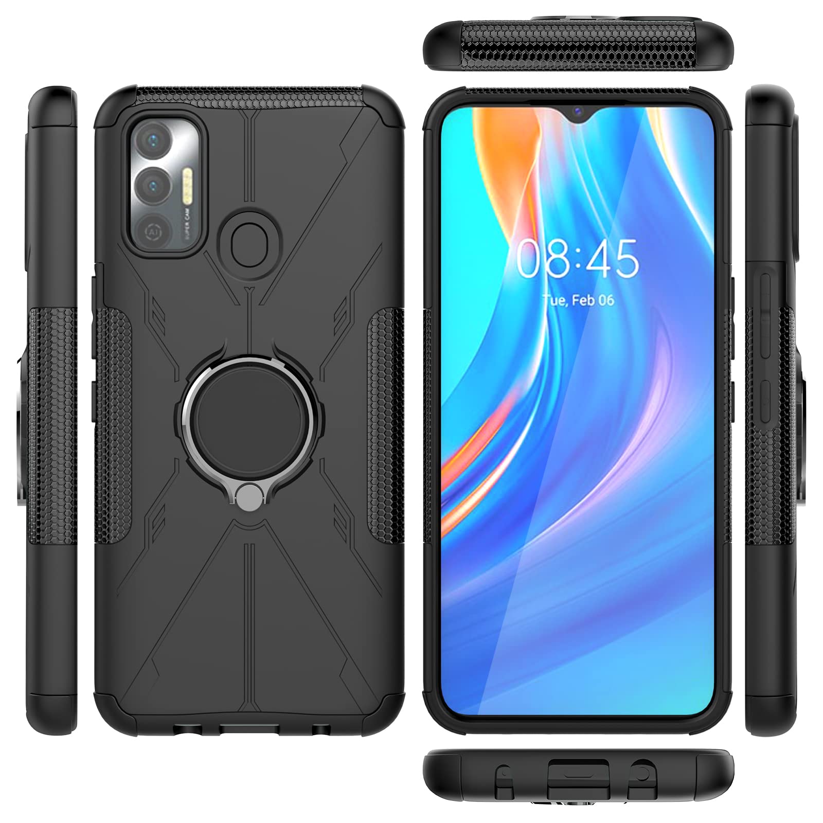 YukeTop Cover for Tecno Spark 7 Case, All-Inclusive Protection, Sturdy, Drop-Resistant, Rear Ring Holder, Cover Protection for Tecno Spark 7.(Black)