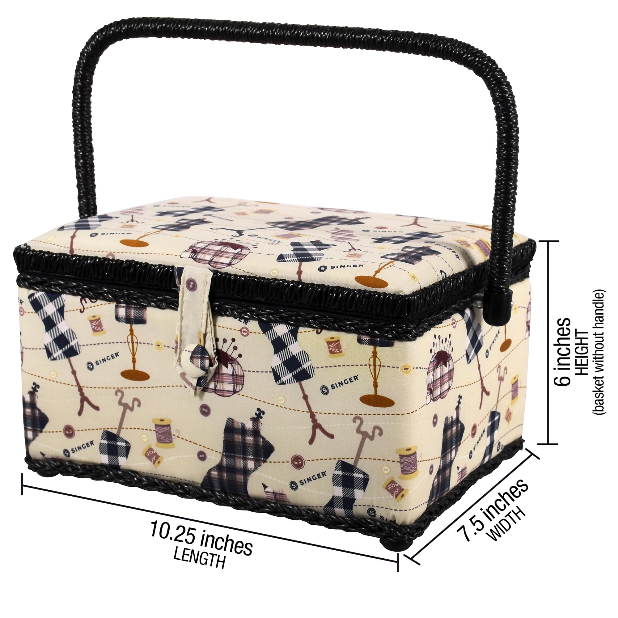 SINGER Sewing Basket with Sewing Kit, Needles, Thread, Scissors, and Notions (Plaid Forms Print)