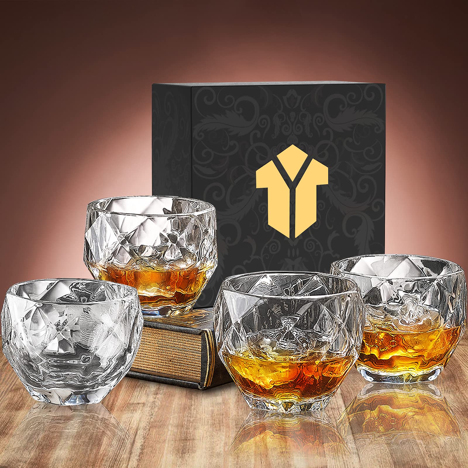 Whiskey Glasses Set of 4, 10 oz Rocks Glasses Lowball Scotch Glasses Bourbon Glasses Unique Old Fashioned Glasses with Gift Box