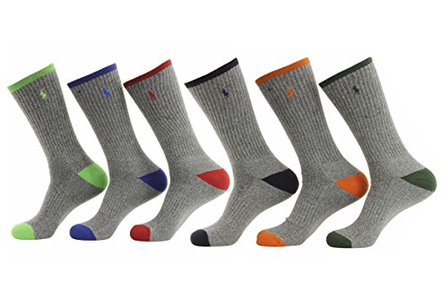 Polo Ralph Lauren 6-Pack Technical Sport Grey Socks, Assorted Grey, Size 10.0