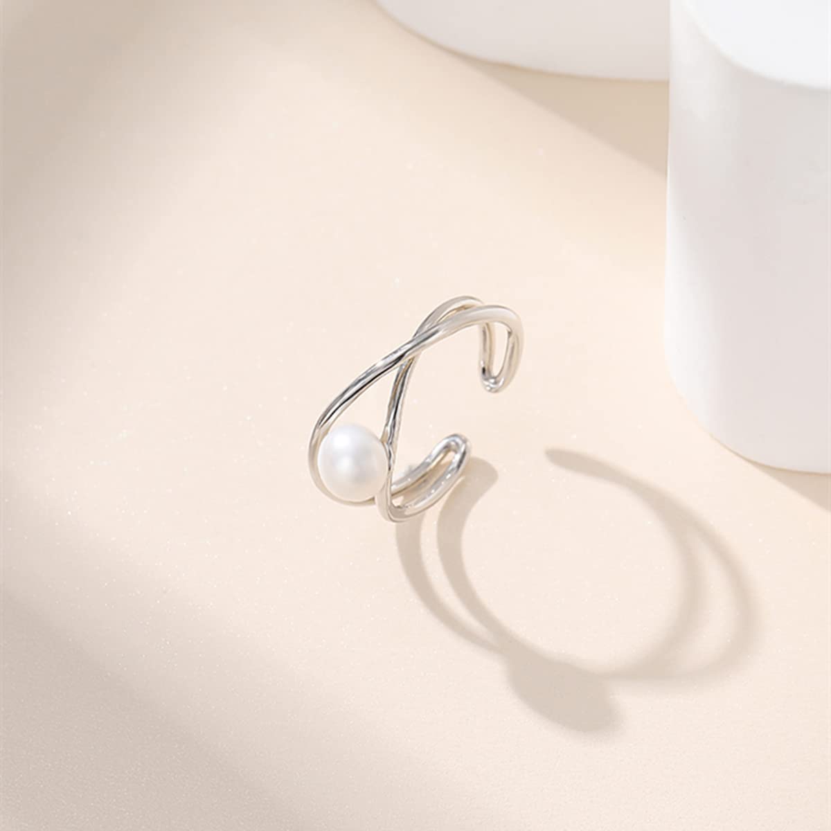 XSTian S925 Sterling Silver Pearl Ring for women 6.5mm White Freshwater Cultured Pearl Adjustable
