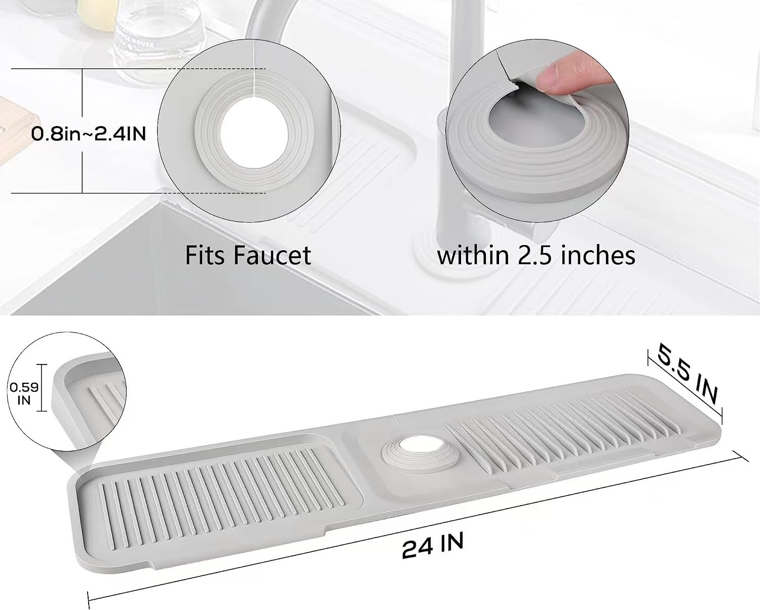 Silicone Faucet Mat Drip Catcher Tray(gray24" x 5.5"),Sink Mat,Faucet Handle Drip Catcher Tray,Faucet Catcher Mat,Faucet Absorbent Mat,Faucet Rack,Sink Splash Guard,Sink Accessories Gadgets