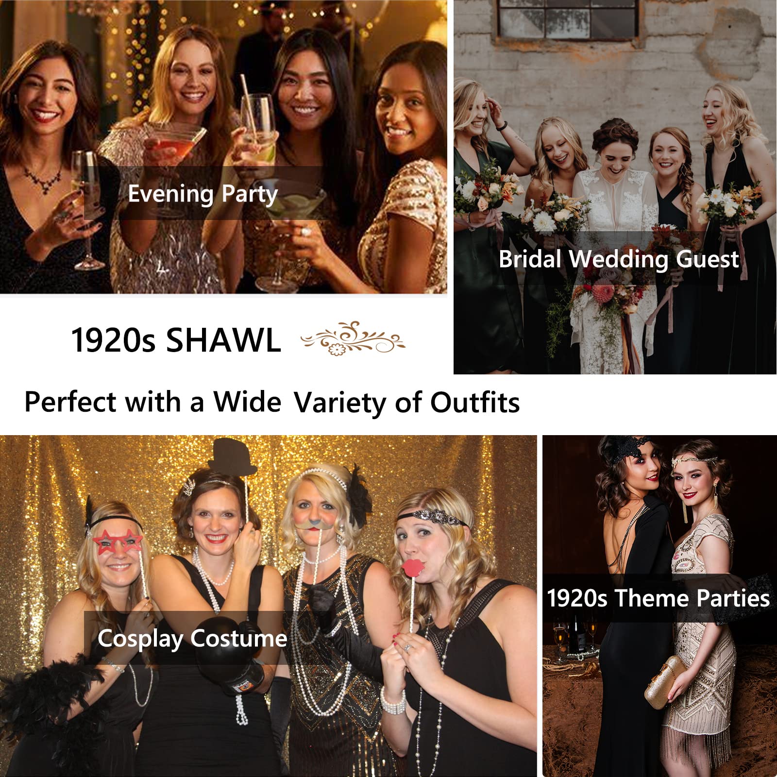 vimate 1920 Shawl Wraps for Evening Dresses, Flapper Retro Fringe Shawl for Women Gatsby (Style 1-Black & Gold