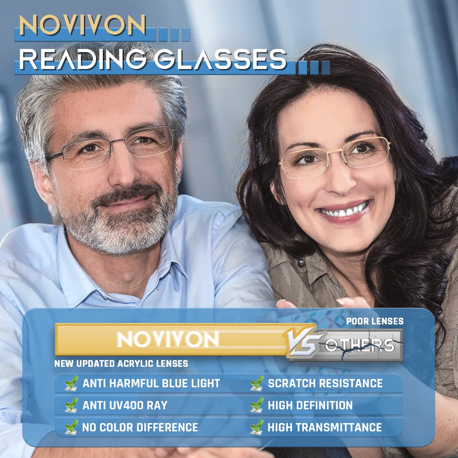 NOVIVON 5 Pack Reading Glasses for Men, Metal Blue Light Blocking Readers with Spring Hinges, Anti Eye Strain Eyeglasses (Gunmetal*2, Gold, Silver, Brown, 2.75)