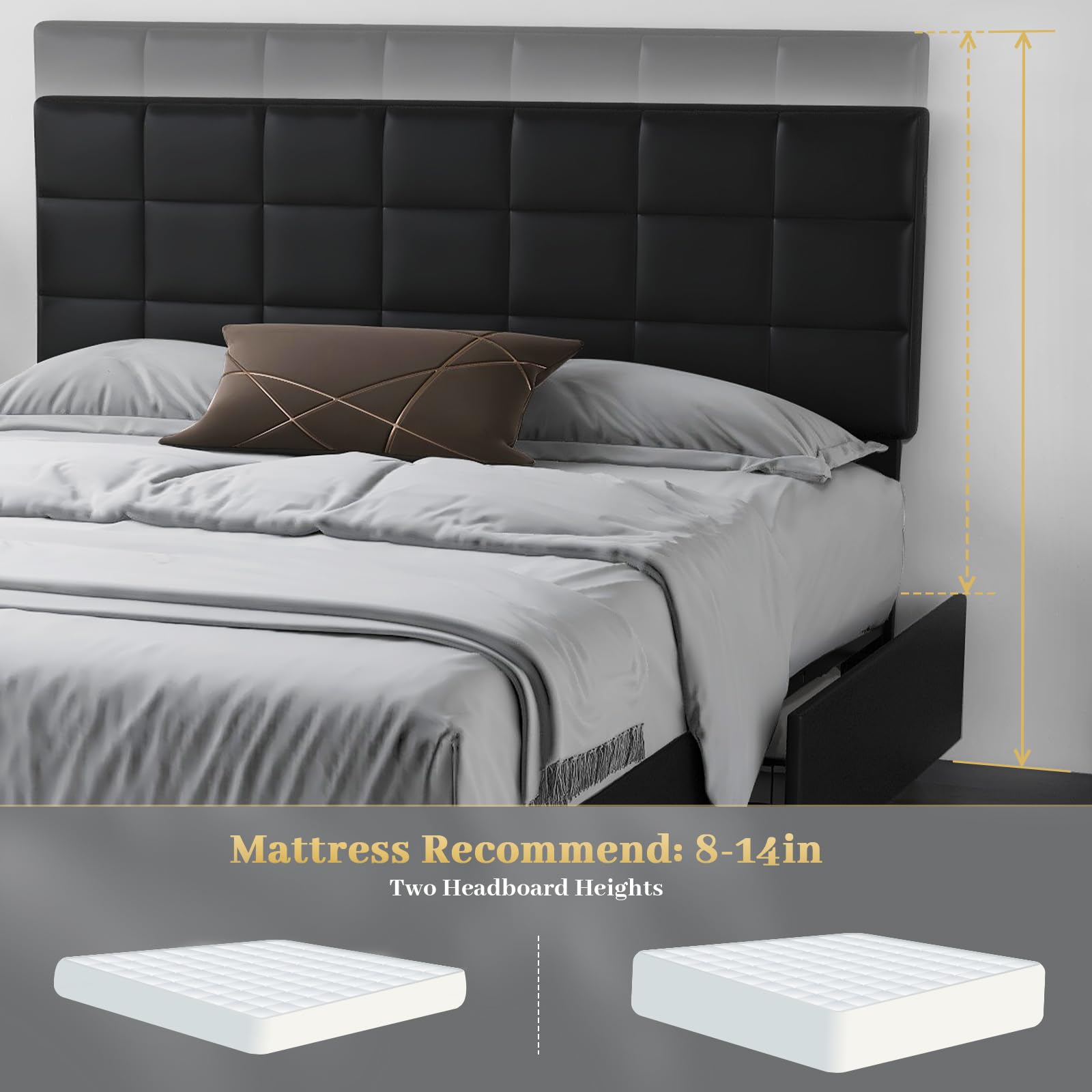 Queen Bed Frame with Storage, Upholstered Bed Frame with 4 Drawers, Adjustable Headboard, Type-C & USB Ports, Wooden Slats, Noise-Free, No Box Spring Needed Easy Assembly Bed Frame with Drawers