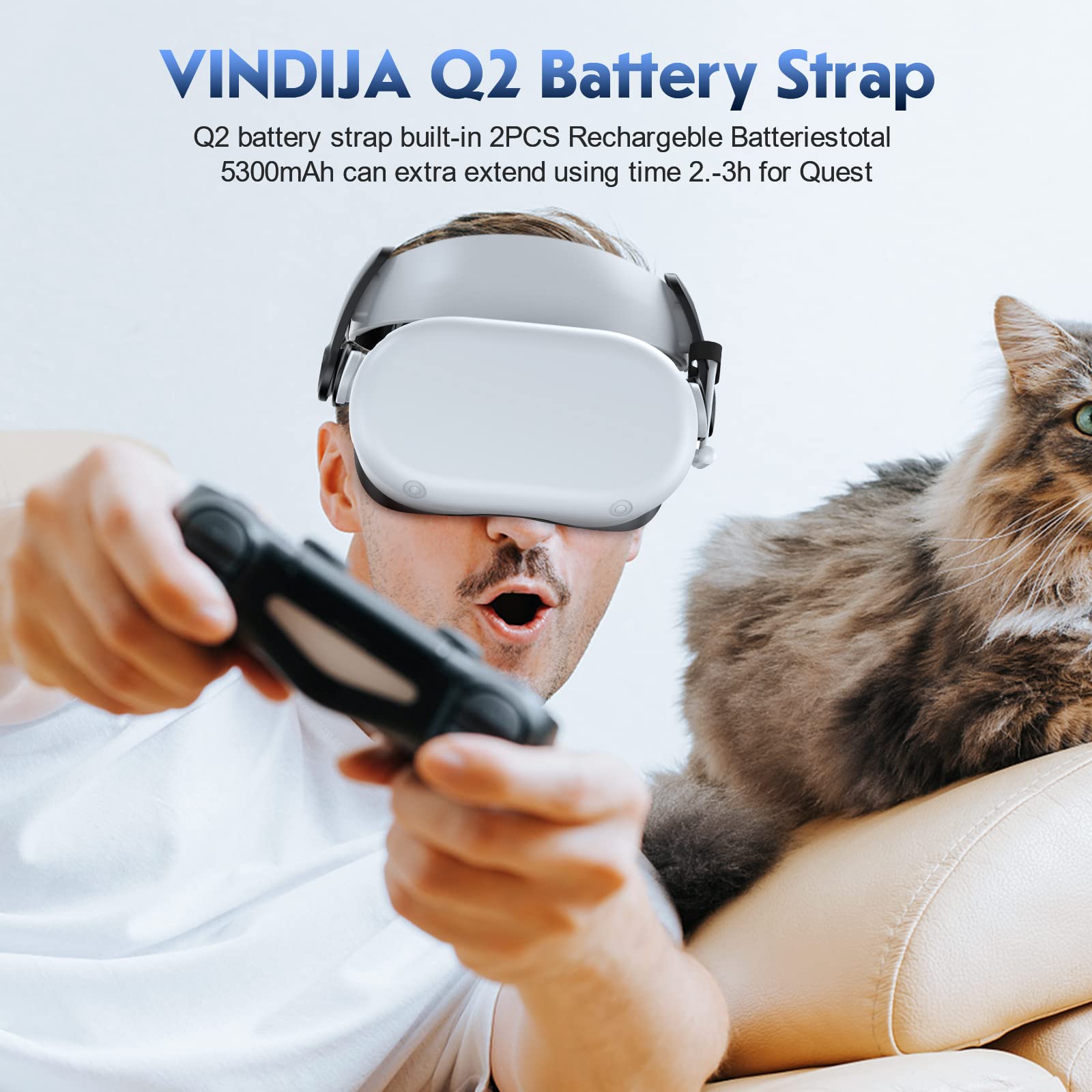 VINDIJA Adjustable Head Strap for Oculus Quest 2 with Battery, Built-in 5300mAh, Replacement Elite Strap for Quest 2 Accessories with Head Cushion Reduce Face Head Pressure Increase Comfortable Touch