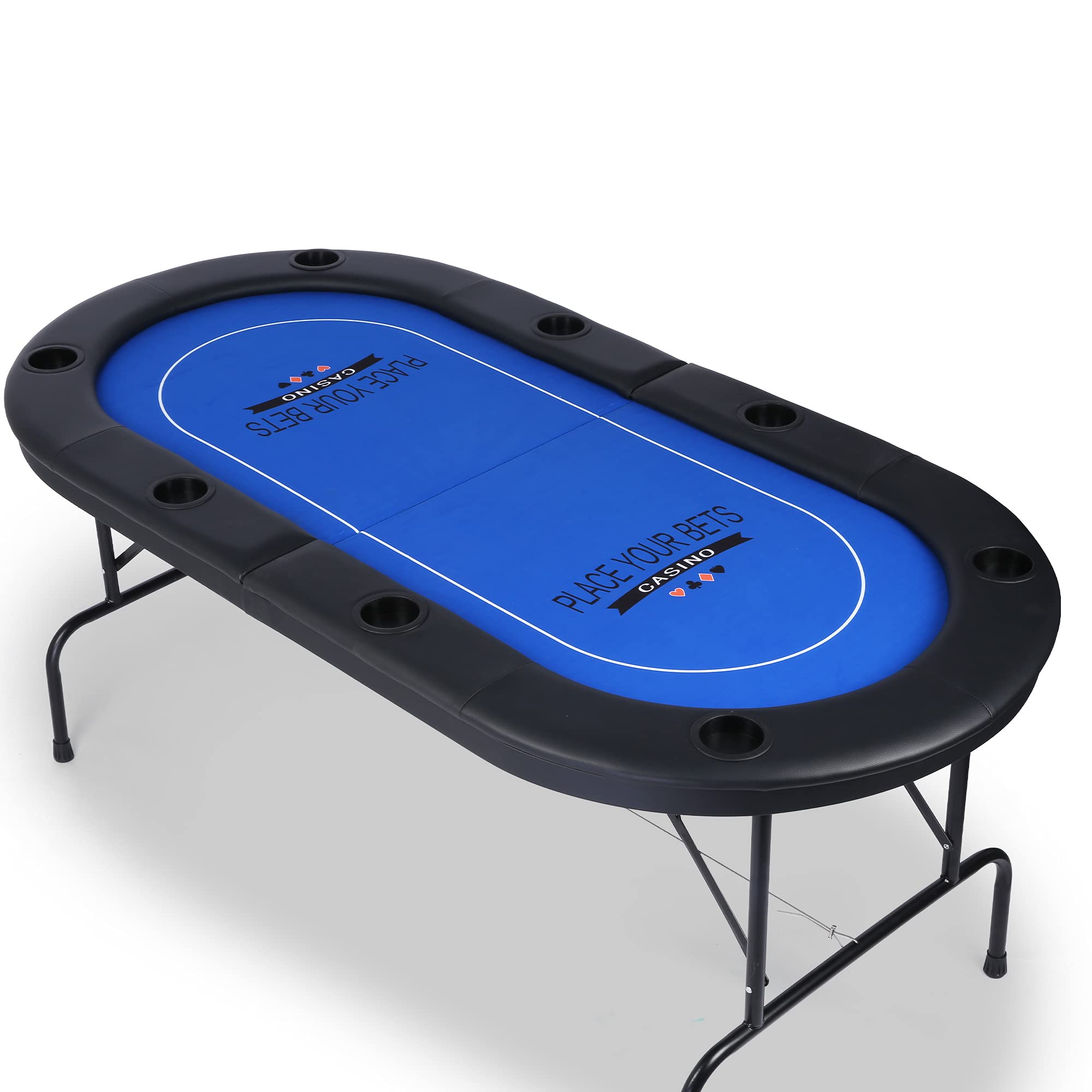 Vilobos Poker Table Foldable 6-8 Players Folding Poker Table Fully Assembled Casino-Style Texas Hold'em Poker Table with Faux Leather Padded Rails and Cup Holders, Blue