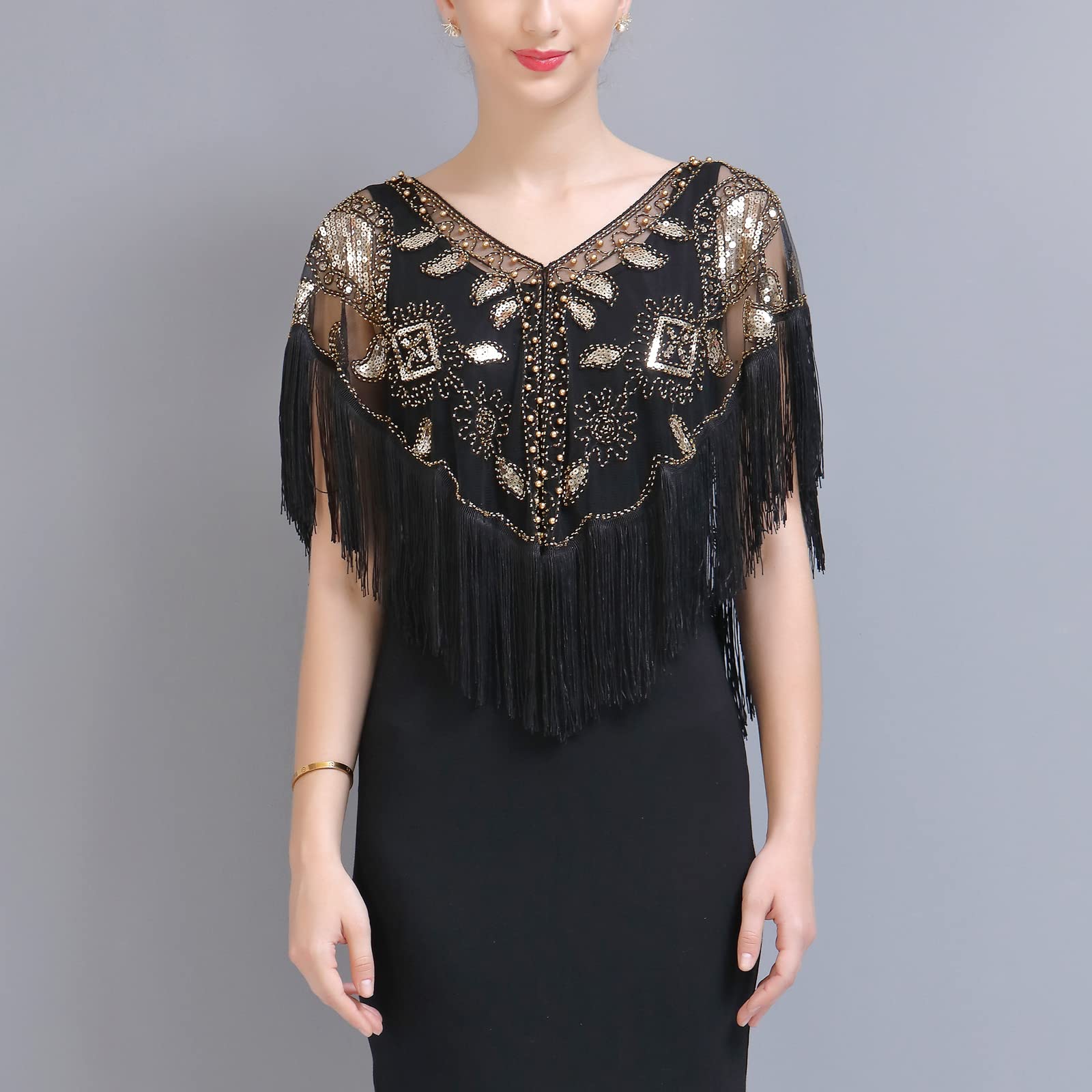 vimate 1920 Shawl Wraps for Evening Dresses, Flapper Retro Fringe Shawl for Women Gatsby (Style 1-Black & Gold