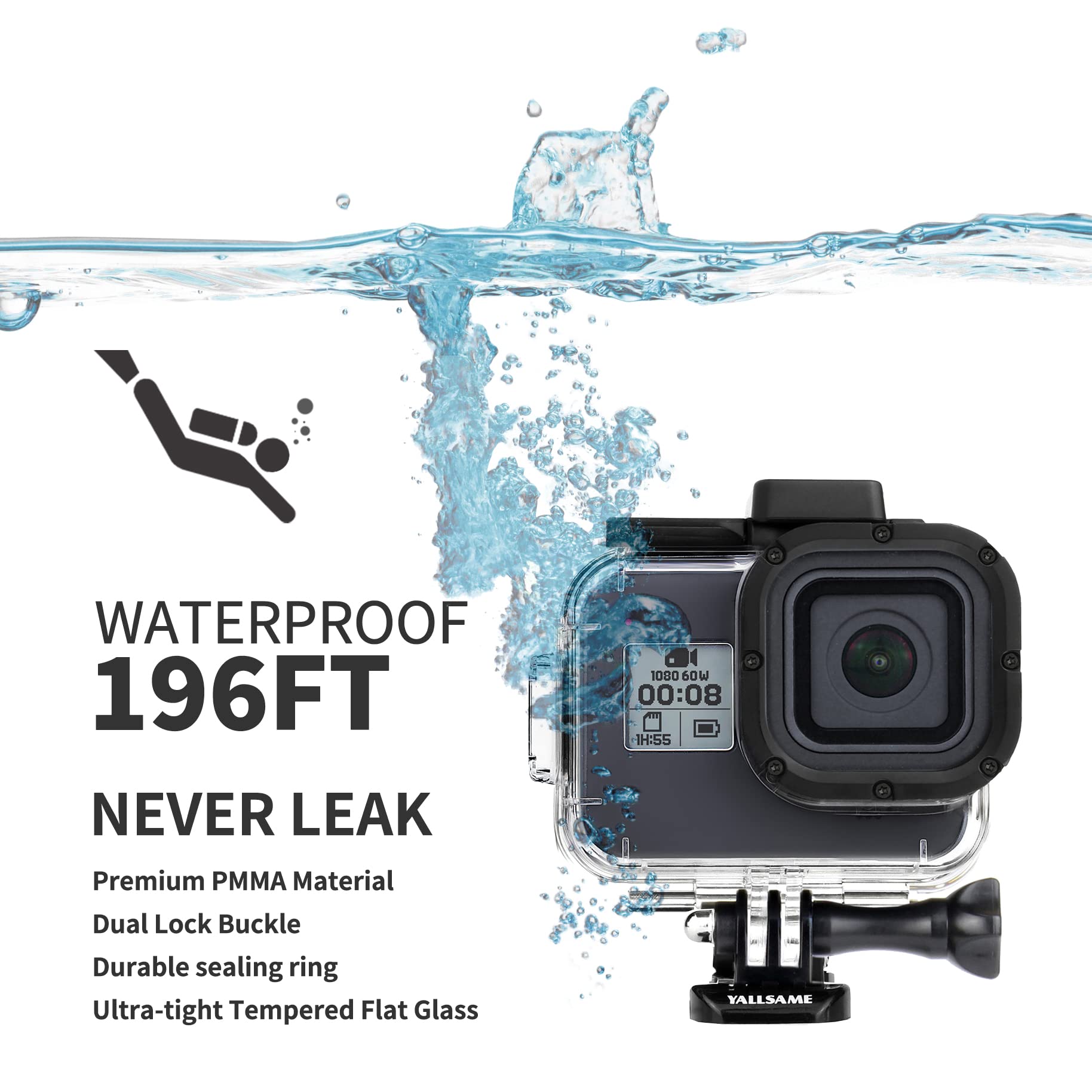YALLSAME Waterproof Case Housing Case for GoPro Hero 8 Black Action Camera 196ft / 60m Underwater Protective Dive Accessory for GoPro 8 Black Ideal for Scuba Diving Snorkeling Photography Recording
