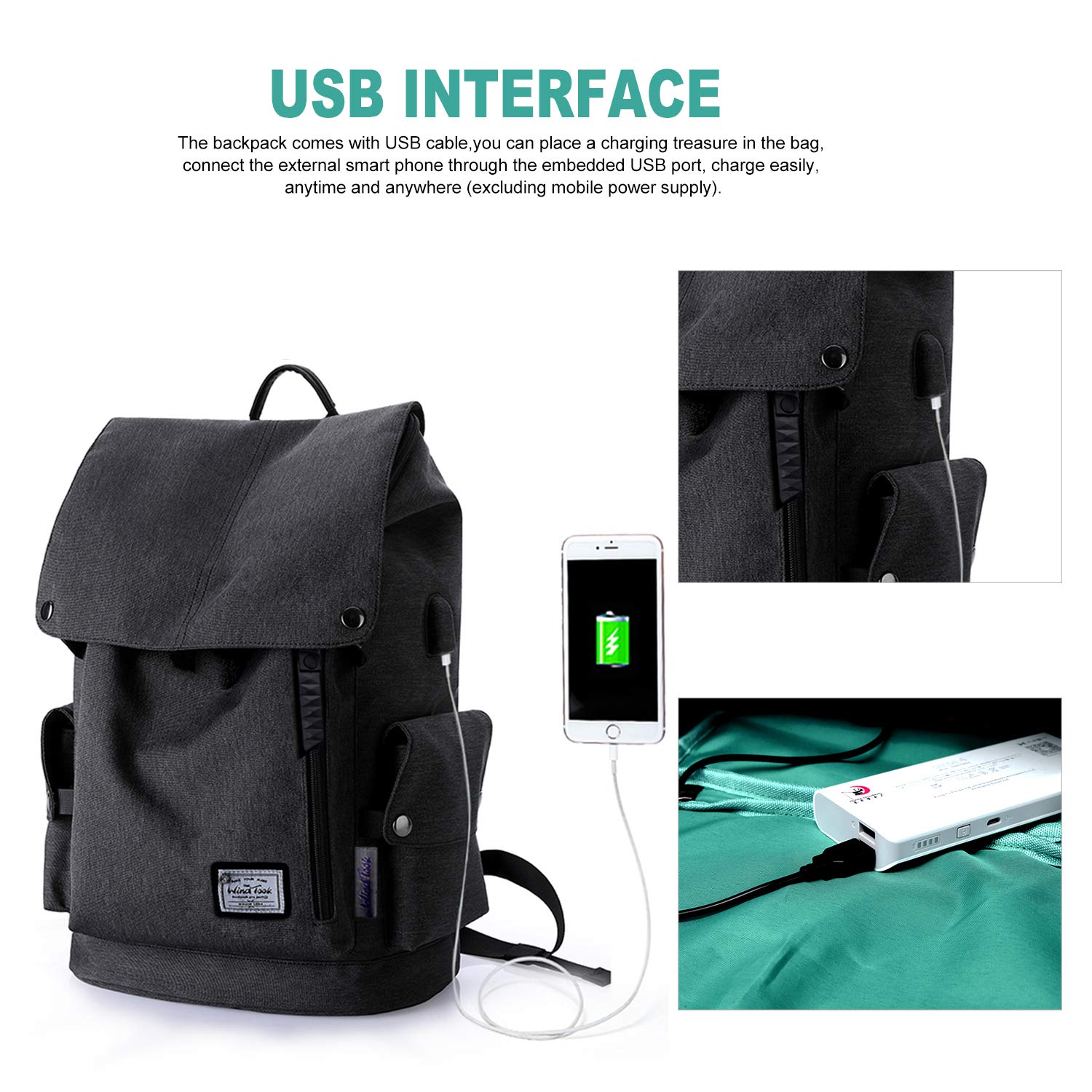 WindTook leisure backpack for Women College Book Bag Travel Work Daypack Laptop Computer Bag with USB Charging Port Suits 15 Inch Notebook, Black