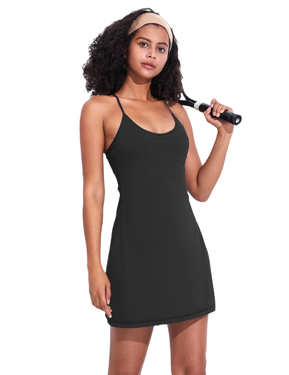 Women's Exercise Workout Dress with Built-in Bra & Shorts Sleeveless Tennis Golf Athletic Dress with Pockets Black L