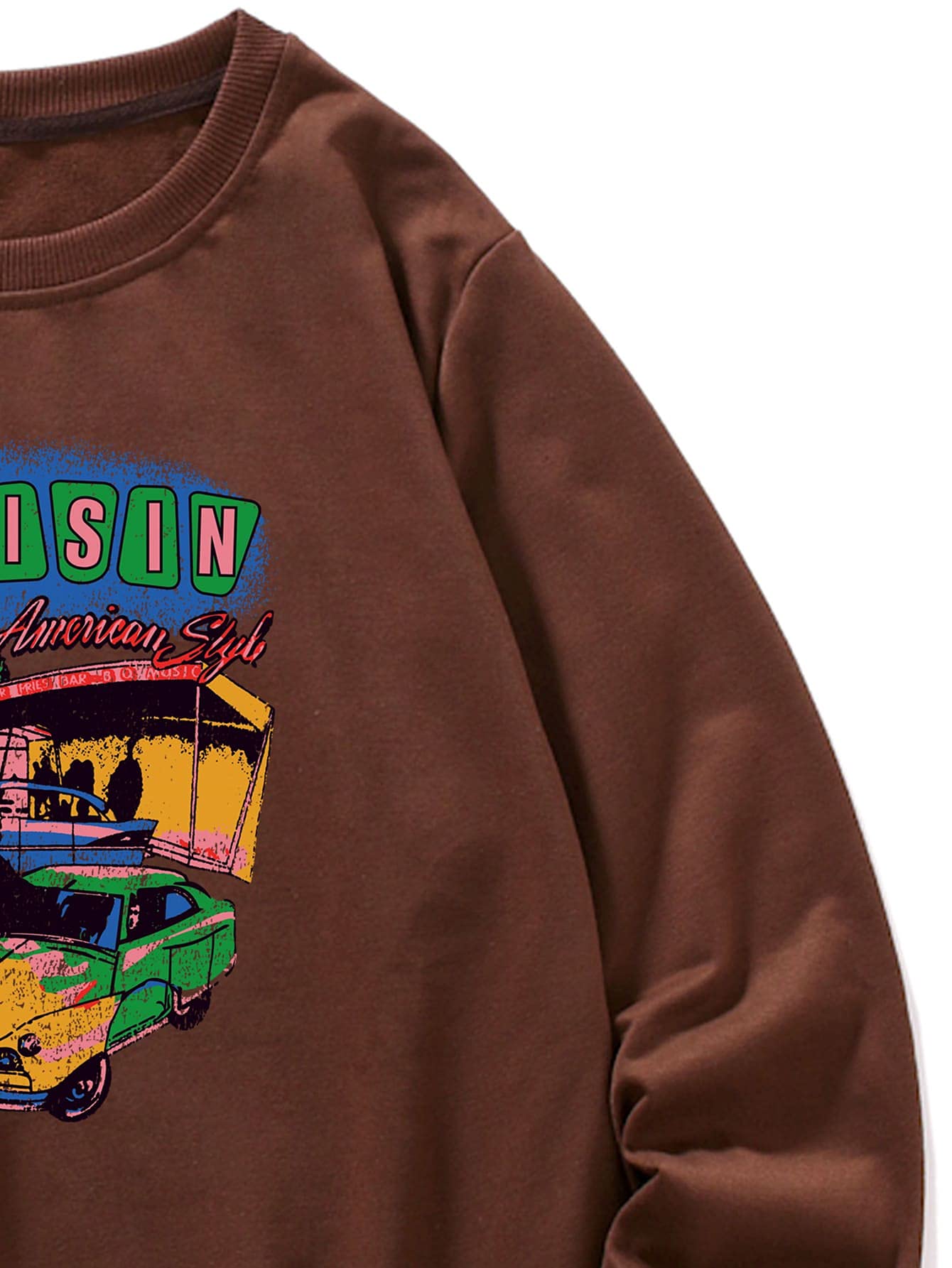 SOLY HUX Men's Letter Car Graphic Print Long Sleeve Pullover Top Sweatshirt Chocolate Brown L