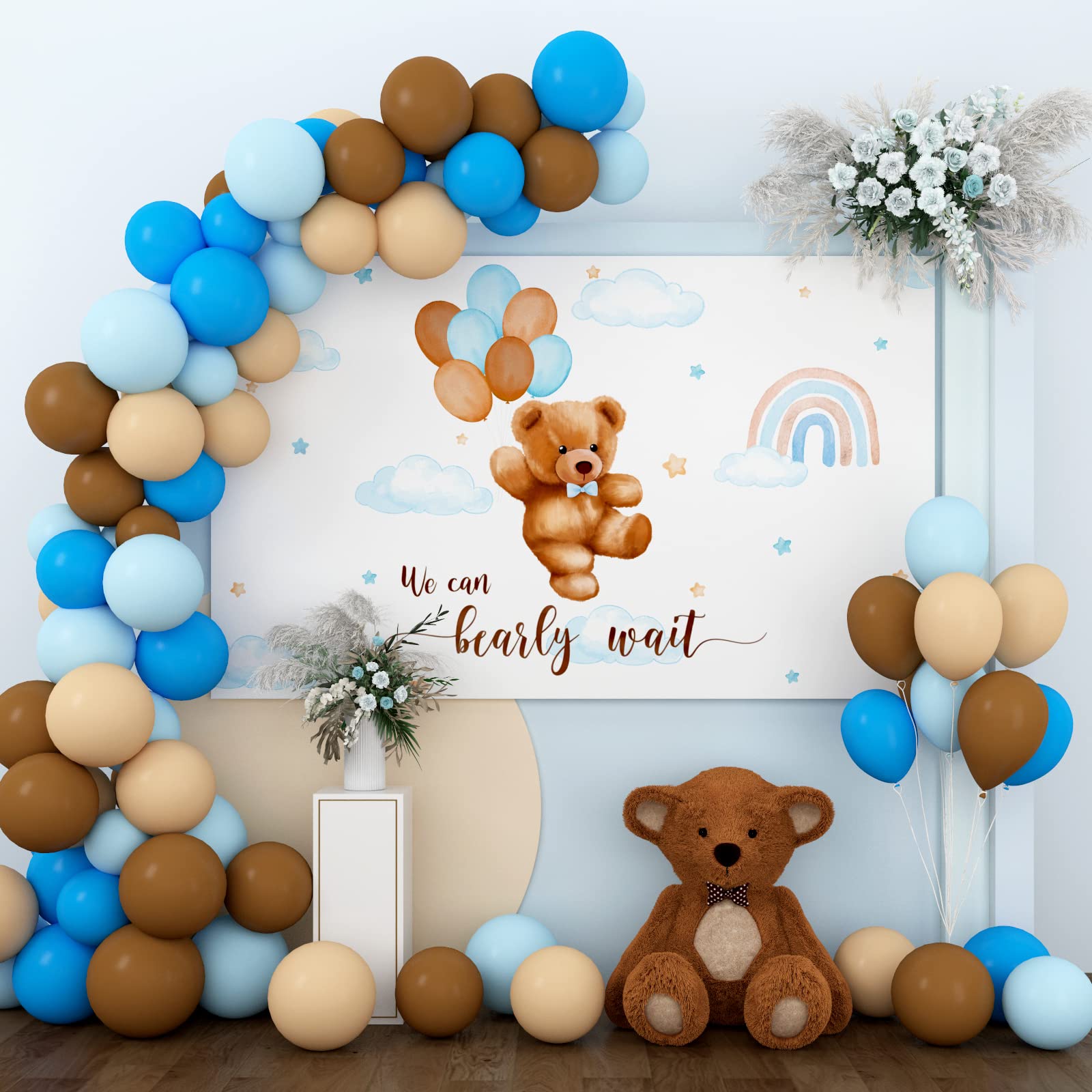 Teddy Bear Baby Shower Decorations for Boy Boho Tablecloth Backdrop Balloons Arch Set We Can Bearly Wait Brown Blue Theme Party Decor Supplies