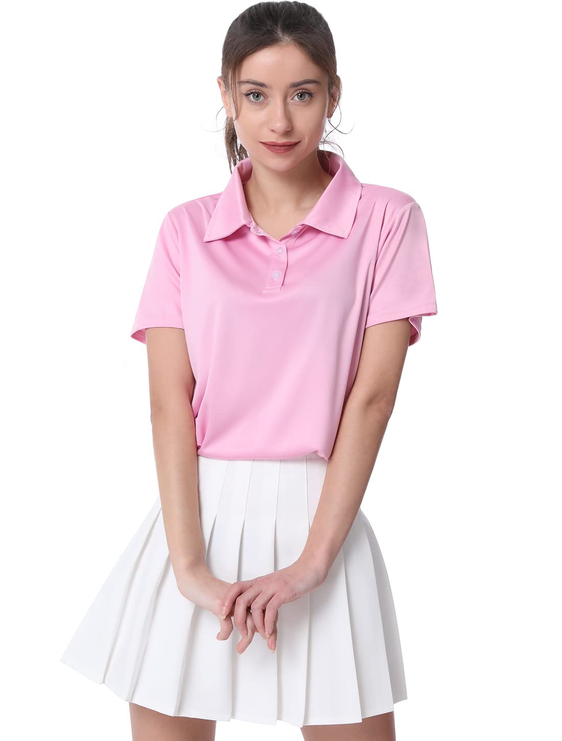 Women's Polo Tee Dry Fit Golf Shirt Moisture Wicking Short Sleeve Sport Activewear Golf Polo Tops Collar with Buttons Workout Black/White/Pink S