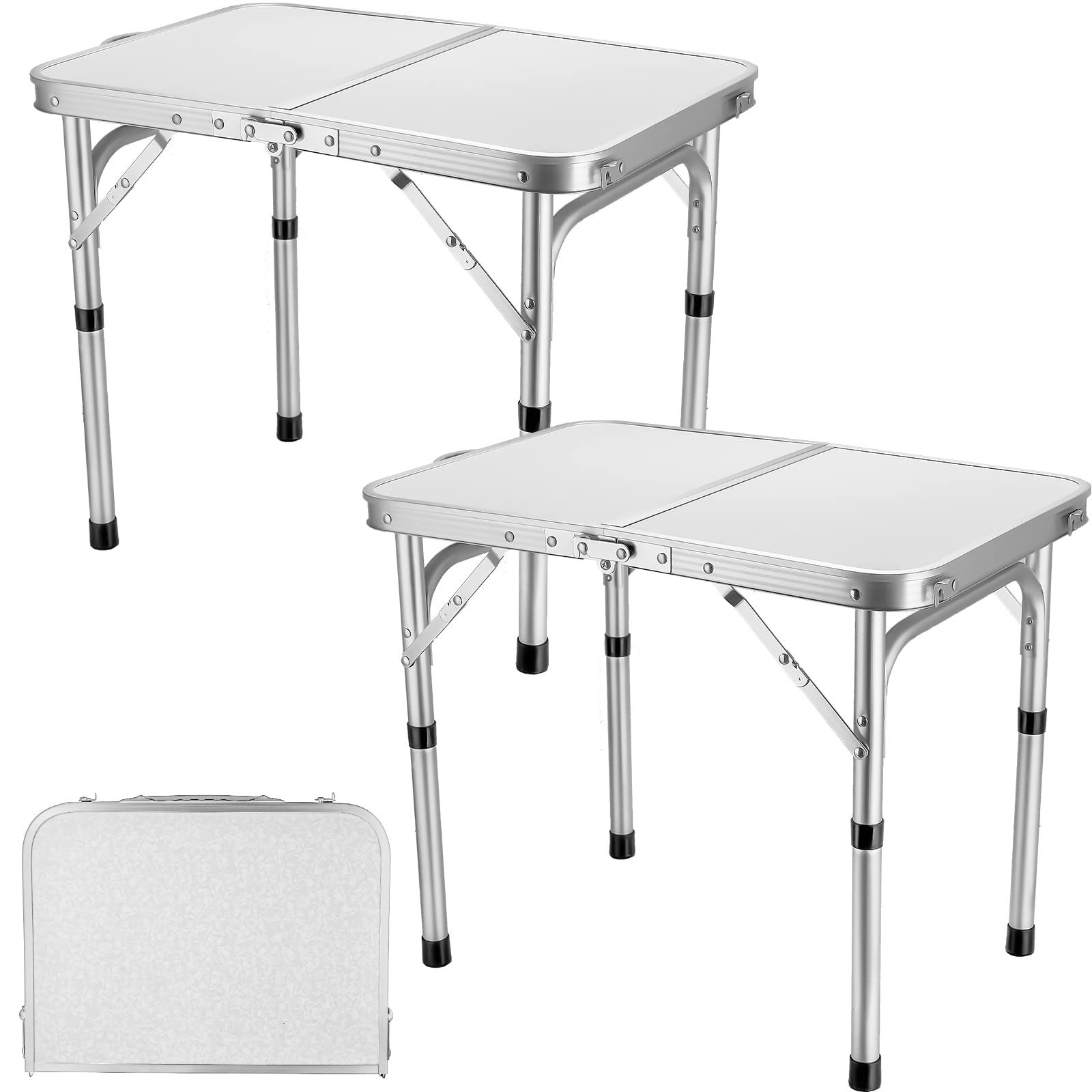 Yahenda 2 Pcs Folding Camping Table Portable Aluminum Folding Table 2ft Lightweight Outdoor Camping Desk with 2 Adjustable Heights for Camp Picnic Cooking BBQ, 24'' x 16'' (Silver)