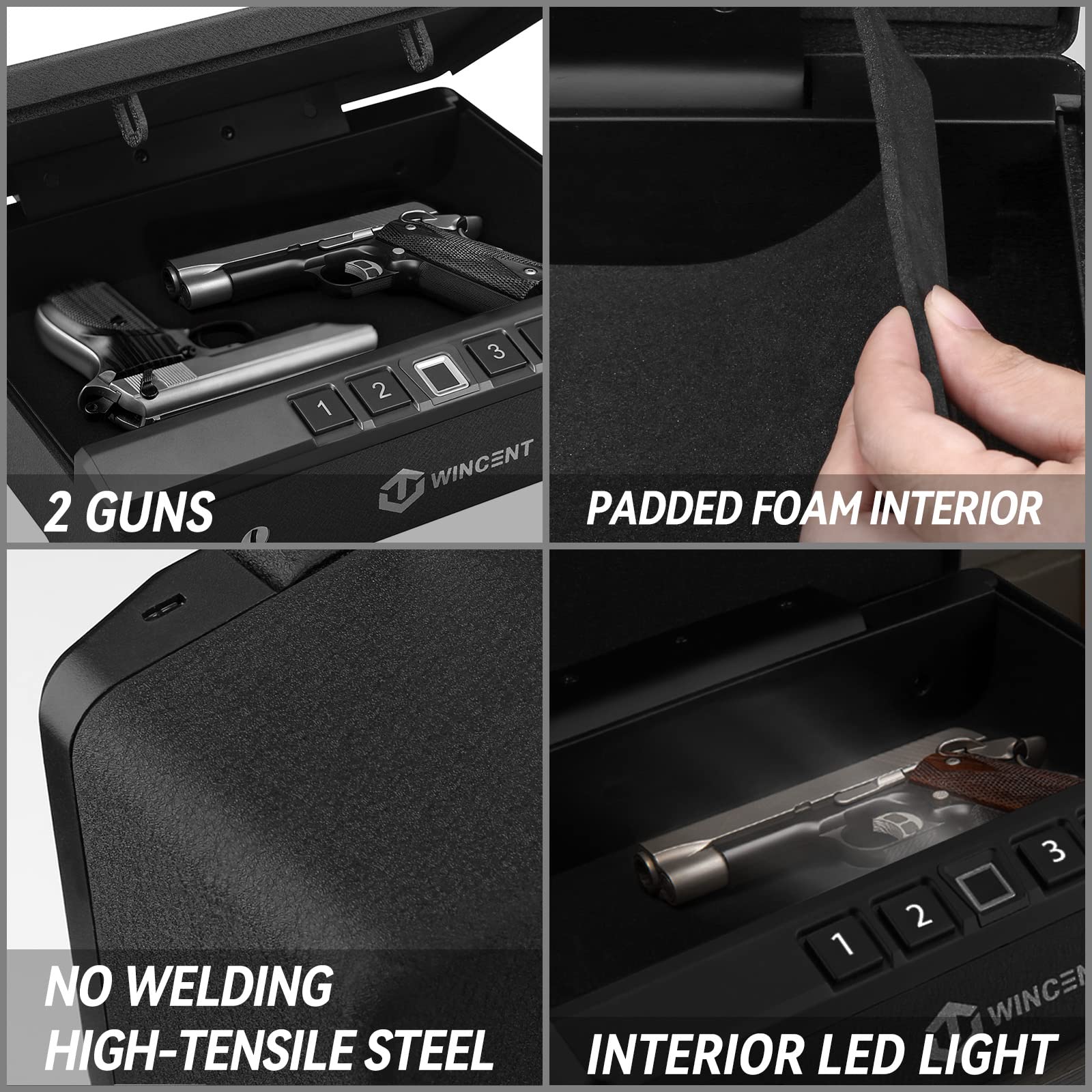 WINCENT Biometric Gun Safe, Quick Access Gun Safes for Pistols -Two Guns Capacity Pistol Safe | Fingerprint & Keypad Firearm Gun Safe Lock Box with Auto Open Lid & LED Light