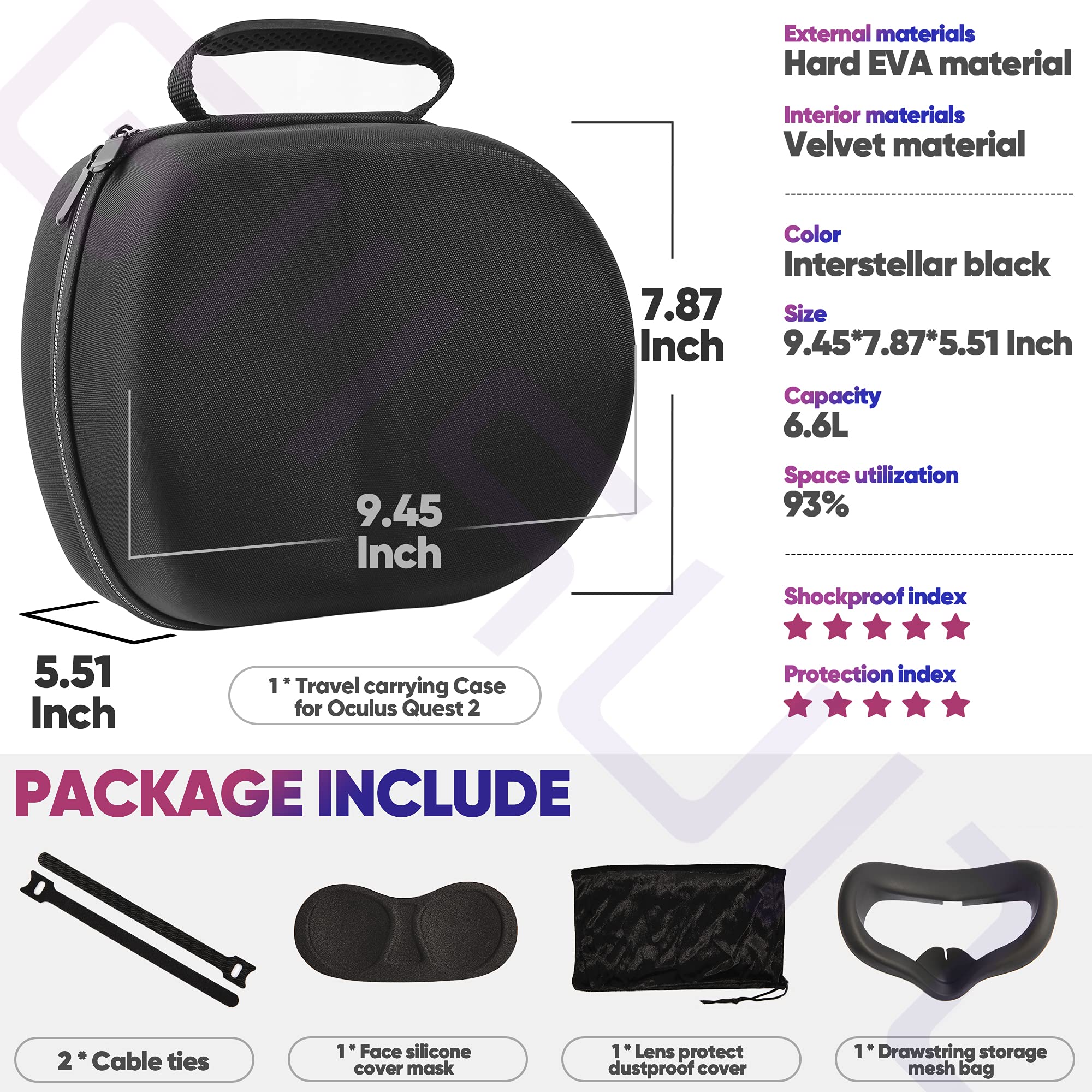 Travel Case for Oculus Quest 2, Gmquiz VR Case Compatible with Oculus Quest 2 Carrying Case, with Silicone Face Cover & Lens Protector, Black