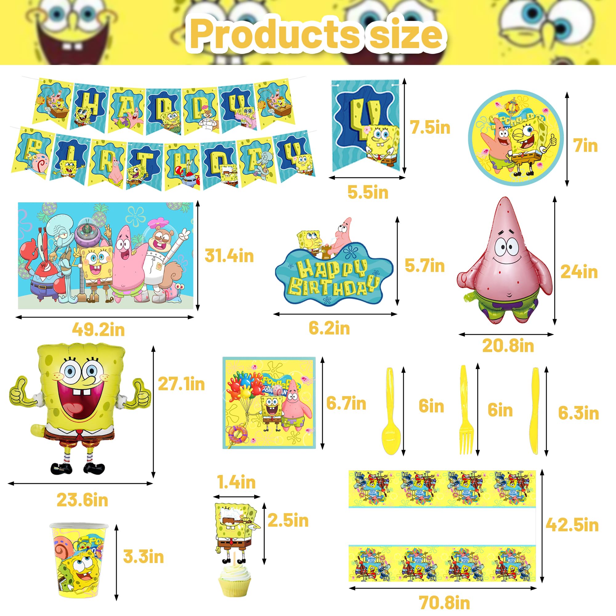 Sponge Theme Birthday Party Supplies, Birthday Decorations includes Happy Birthday Banner, Backdrop, Balloon, Cake Topper, Tableware, Napkins, Stickers