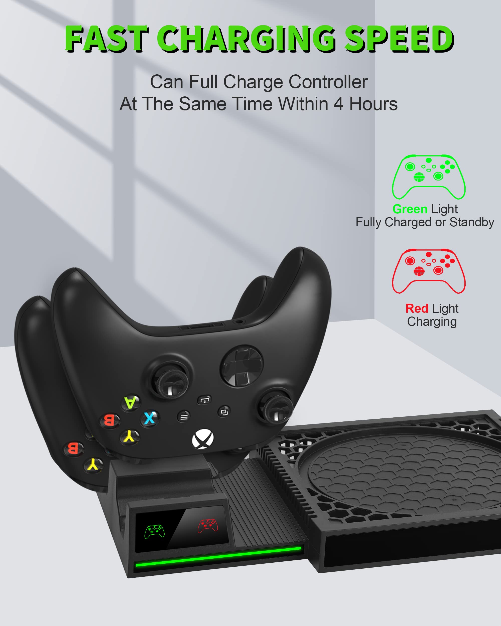 Wiilkac Vertical Stand for Xbox Series X Console with 10Games Slots Holder&Headphone Hook, Dual Controller Charging Station Dock with 2 Rechargeable Battery Packs for Xbox Series X/S, Xbox One X/S