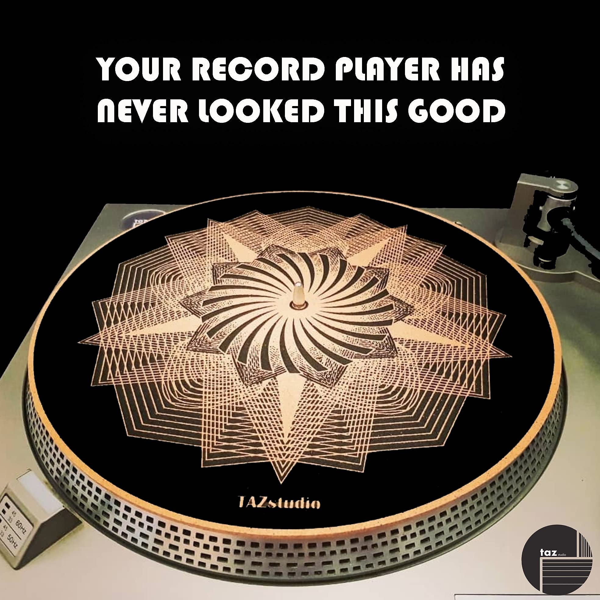 TazStudio Cork Turntable Mat for Better Sound Support on Vinyl LP Record Player - Original Geometric Design Psychedelic Geometric Dot Art (3mm Thick)- m3