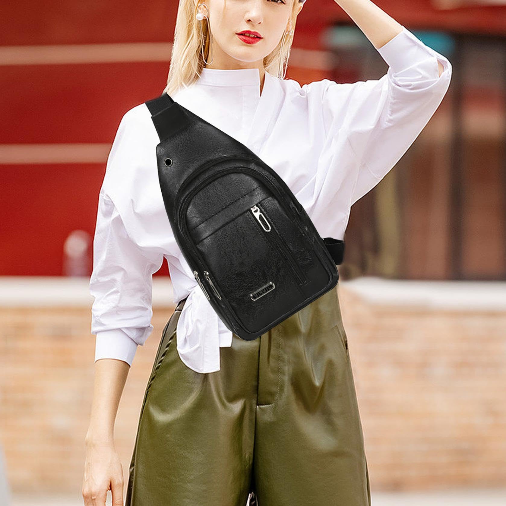 Str𝘢p B𝘢g Crossb𝘰dy Backpack With USB Hole With Headphone Hole Shoulder Str𝘢p Backpack Hiking Backpack Ch𝘦st Bag (Black-7)