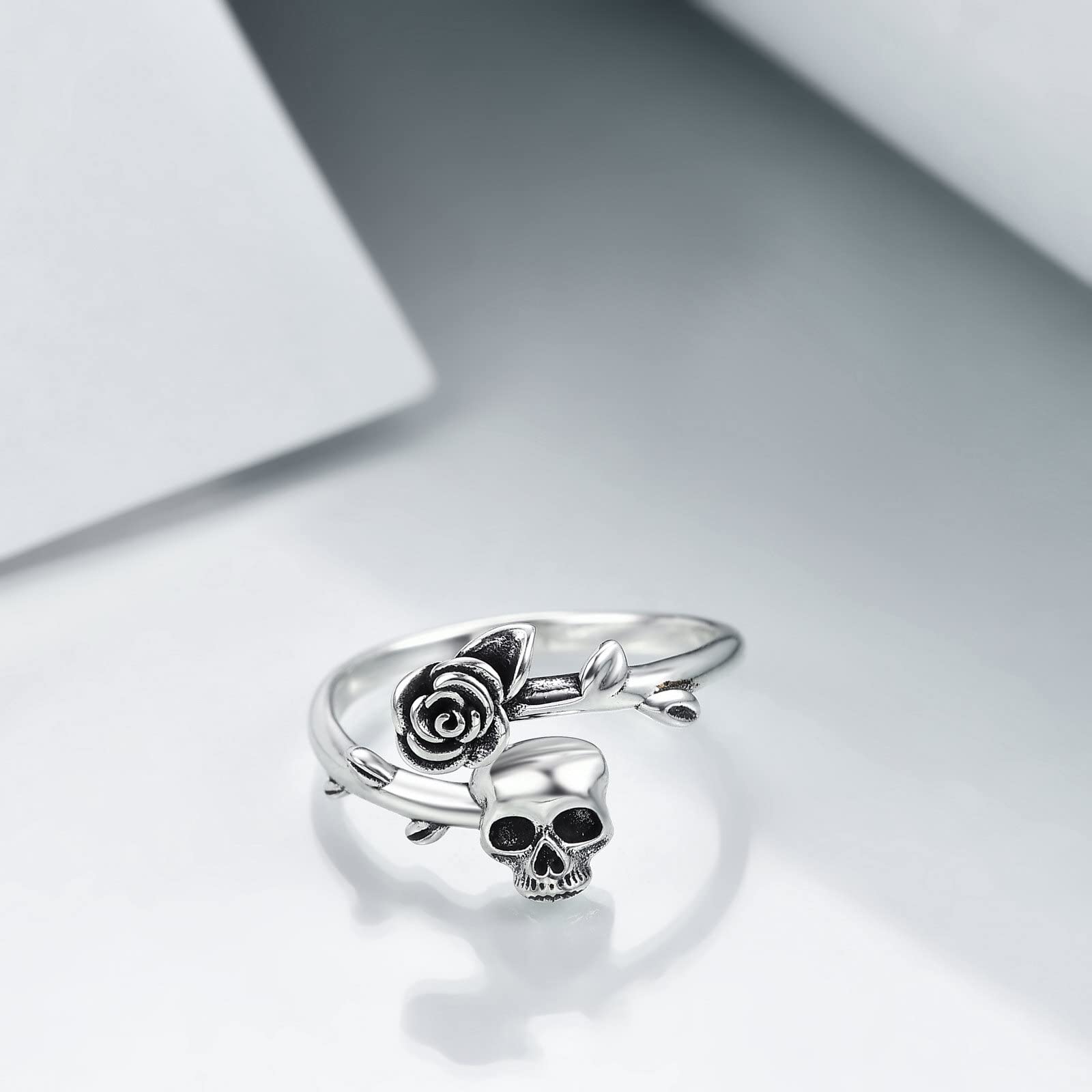 YAFEINI Gothic Skull Ring Open Wrap Rose Flower Skeleton Statement Ring Sterling Silver Retro Vintage Cocktail Party Punk Jewelry for Women Men (10)