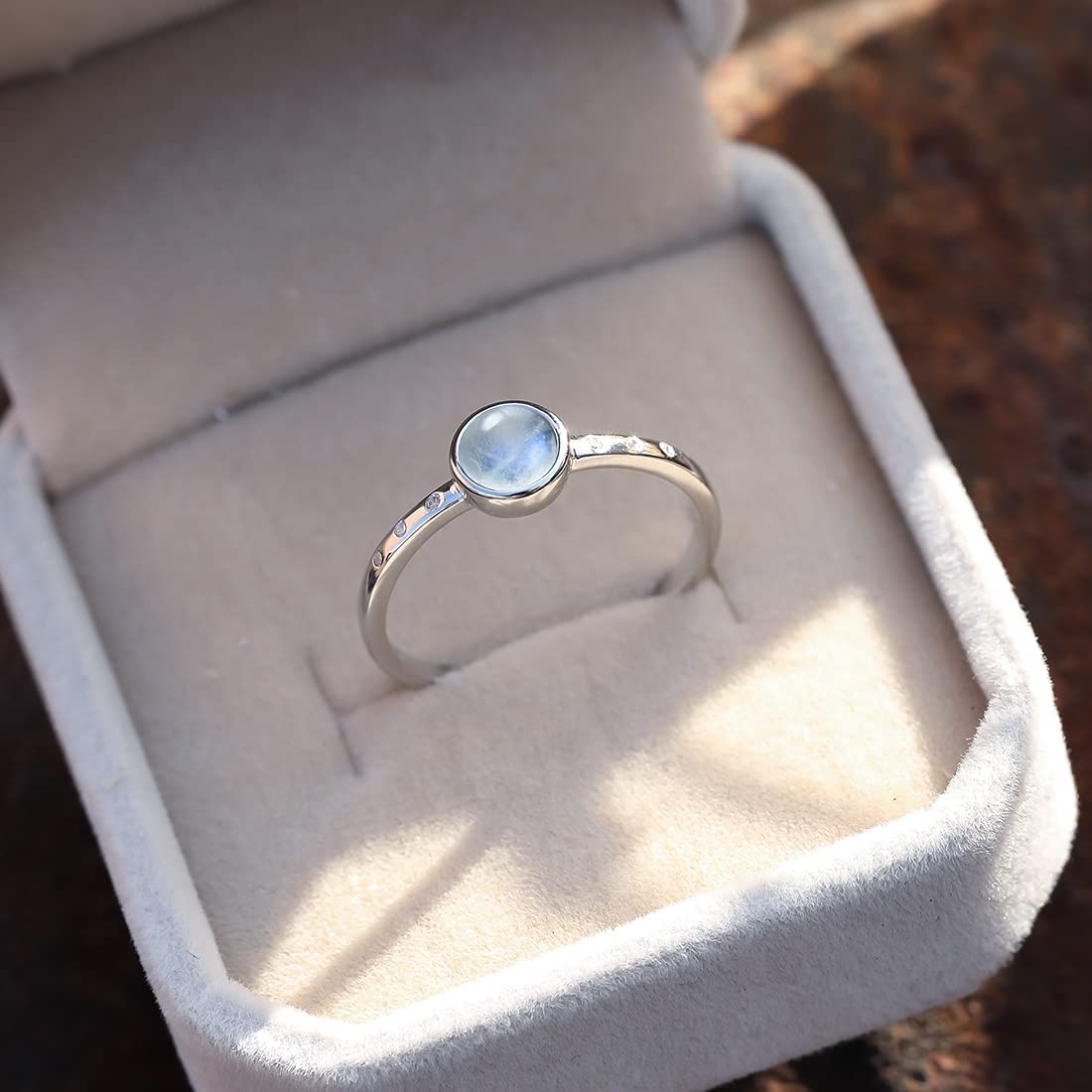 Vanel Moonstone Ring Sterling Silver Moonstone Band Ring for Women Rainbow Moonstone Jewelry with Gift Box for Promise Engagement Anniversary Wedding Ring