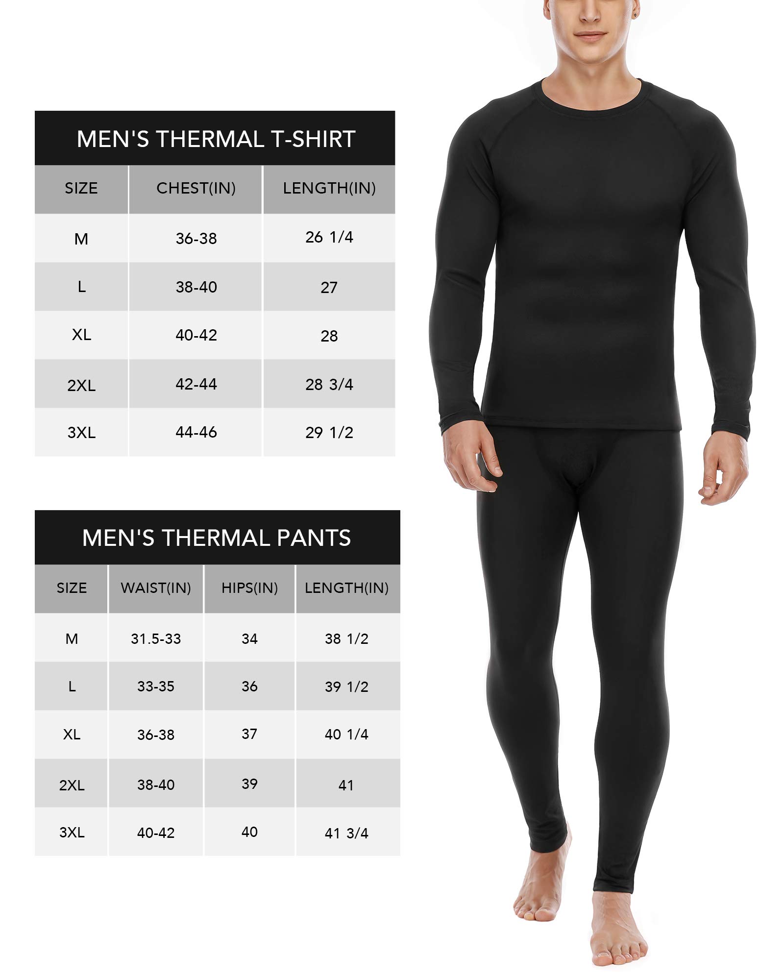 Roadbox Thermal Underwear for Men Microfleece Lined Long Johns Top and Bottom Set Black