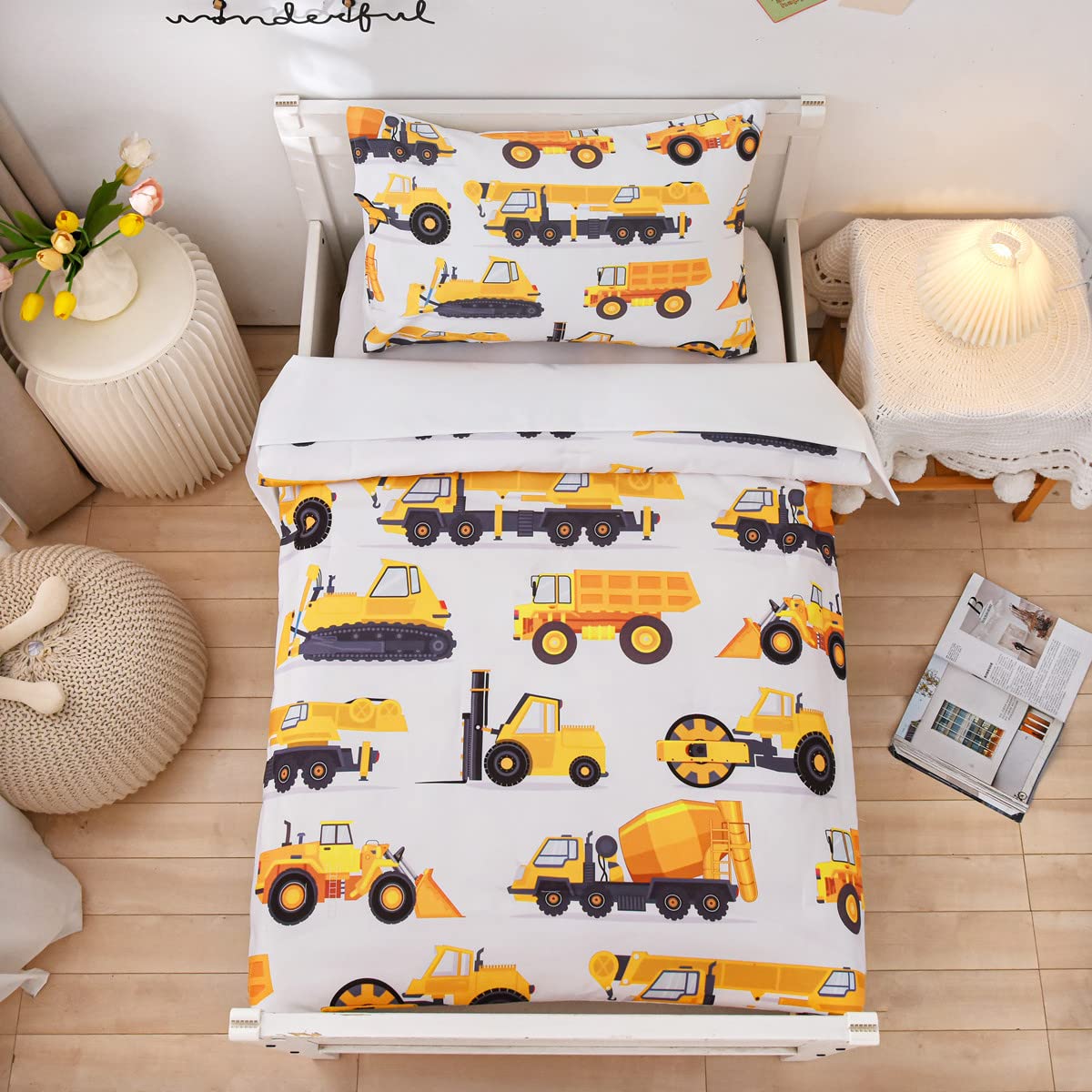 NTBED 4 Pieces Construction Toddler Bedding Set for Baby Boys, Truck Vehicles Excavator Cars Printed, includes Comforter, Flat Sheet, Fitted Sheet and Pillowcase,White