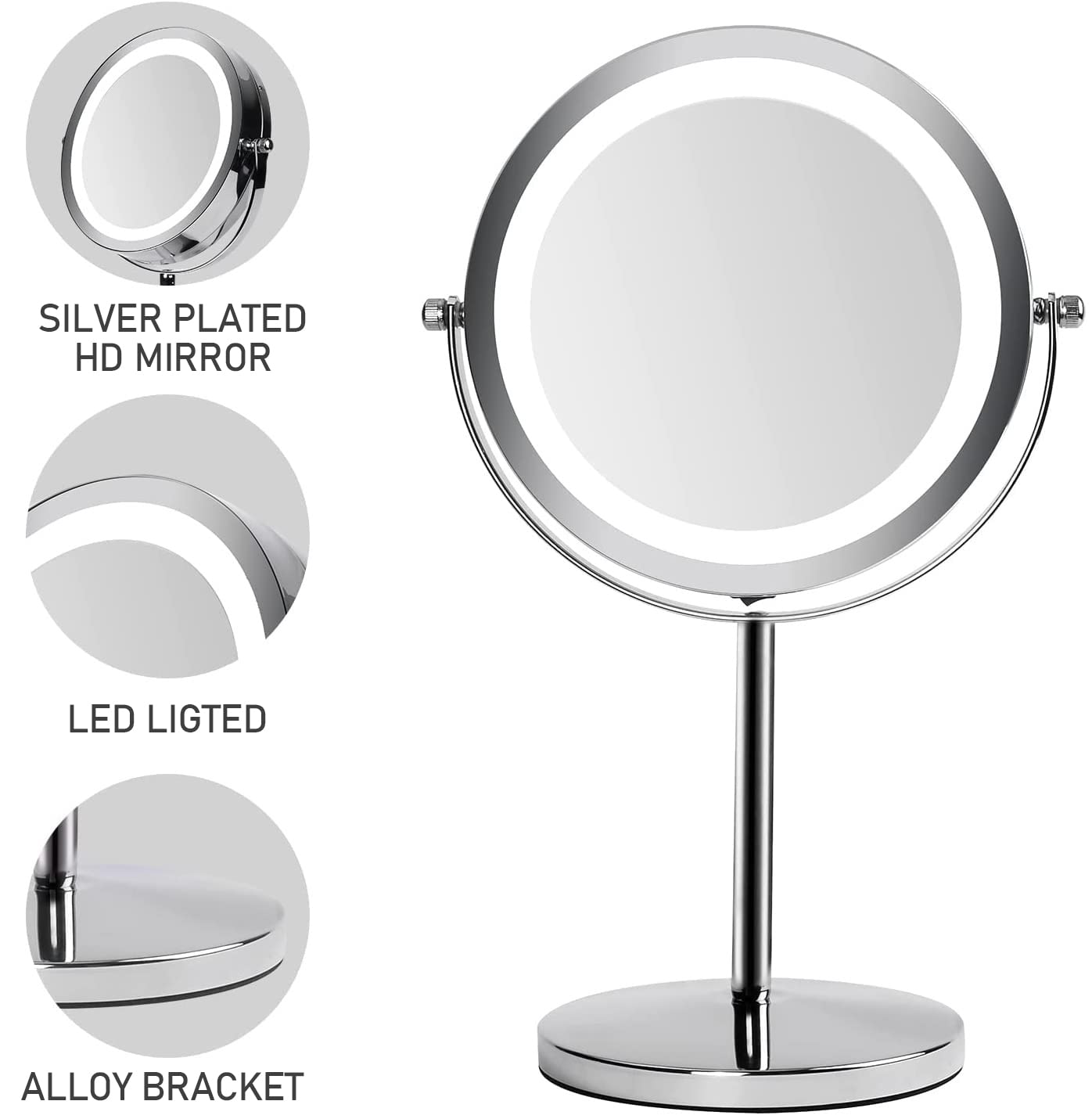 YYAMEA 7" Lighted Makeup Mirror, 10X Magnifying Vanity Mirror Double Sided, Round Standing 360° Rotation Cosmetic Mirror for Bedroom Bathroom Office…