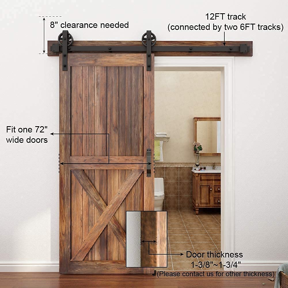 WINSOON 12FT Single Wood Sliding Barn Door Hardware Big Wheel Roller Kit with 1pc Sliding Barn Door Floor Guide Adjustable Double Roller Hardware Set