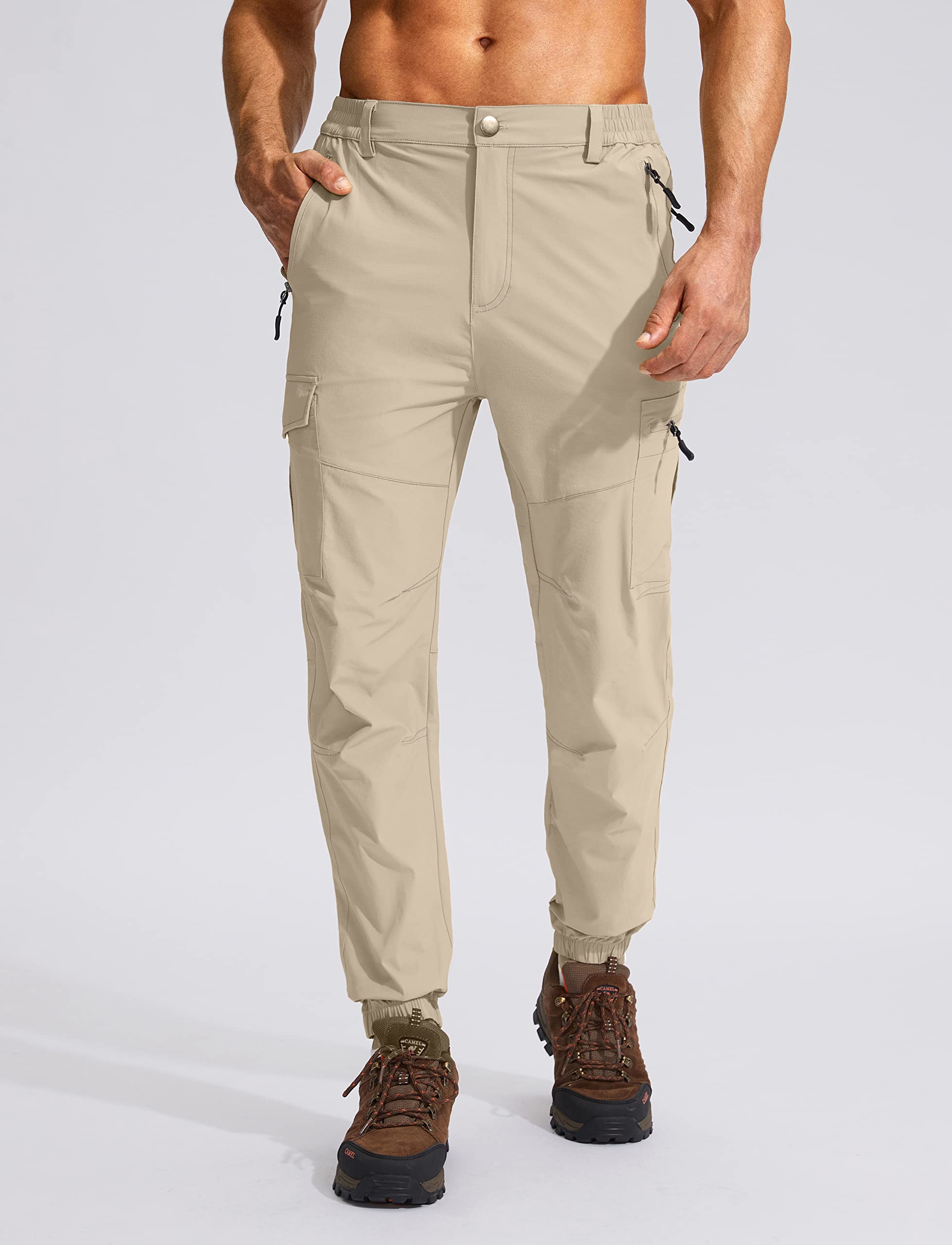Viodia Men's Hiking Cargo Pants with 6 Pockets Ripstop Waterproof Stretch Joggers Pants for Men Golf Work Travel Light Khaki
