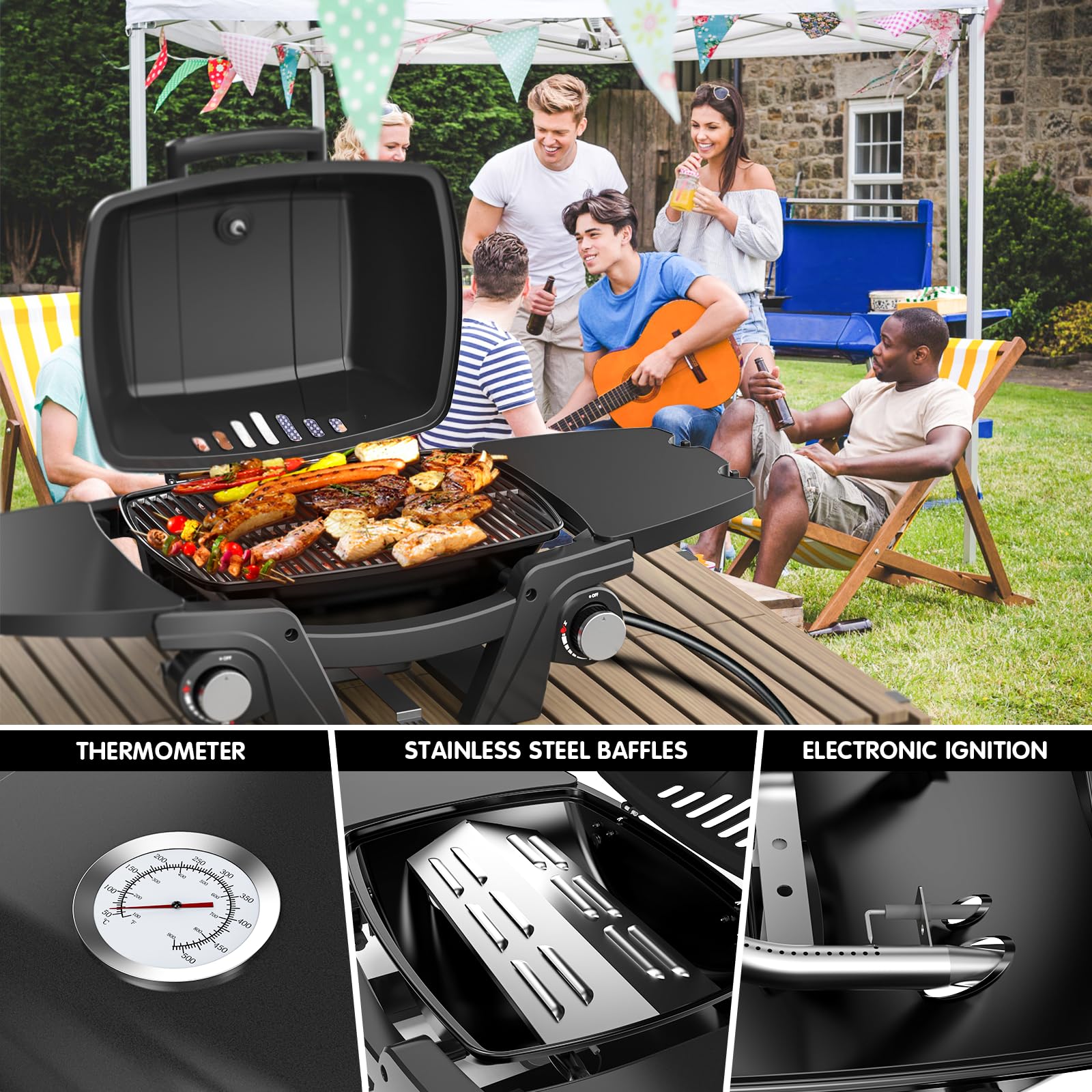 Propane Gas Grill with 2 Burner, Portable Outdoor Tabletop Camping Grill BBQ with Folding Sides, 24000 BTU, Gas Hose, Built in Thermometer, Black