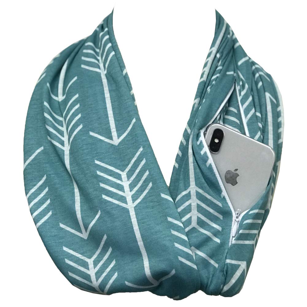 Pop Fashion Arrow Pattern Infinity Scarf for Women - Lightweight, Comfortable Travel Scarf with Hidden Zipper Pocket to Store Phone, Keys, and Wallet - Fashion Scarf for All Seasons (Teal)