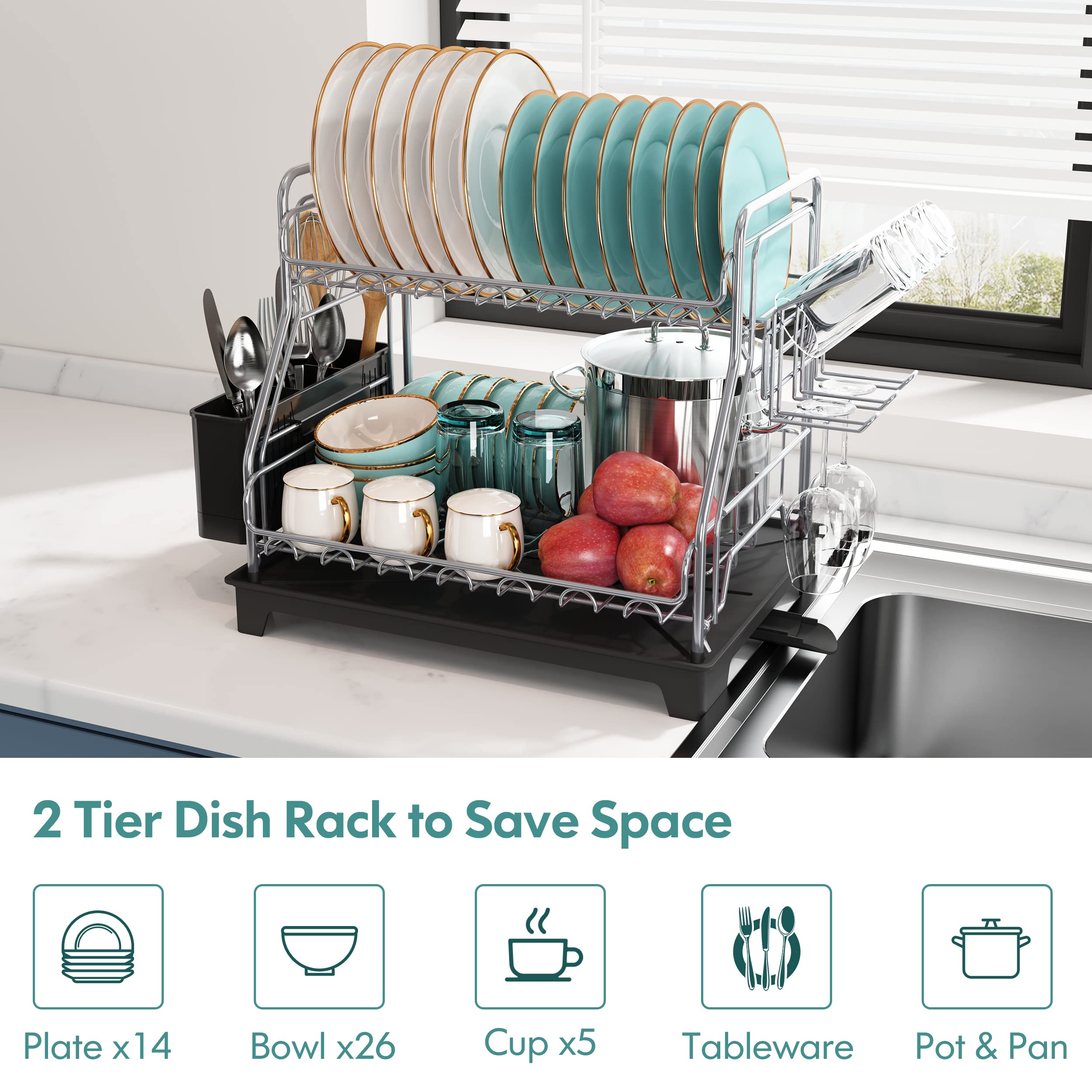 romision Large Dish Drying Rack for Kitchen Counter, Stainless Steel 2 Tier Dish Racks and Drainboard Set with Utensil Holder, Dish Drainer, Grey