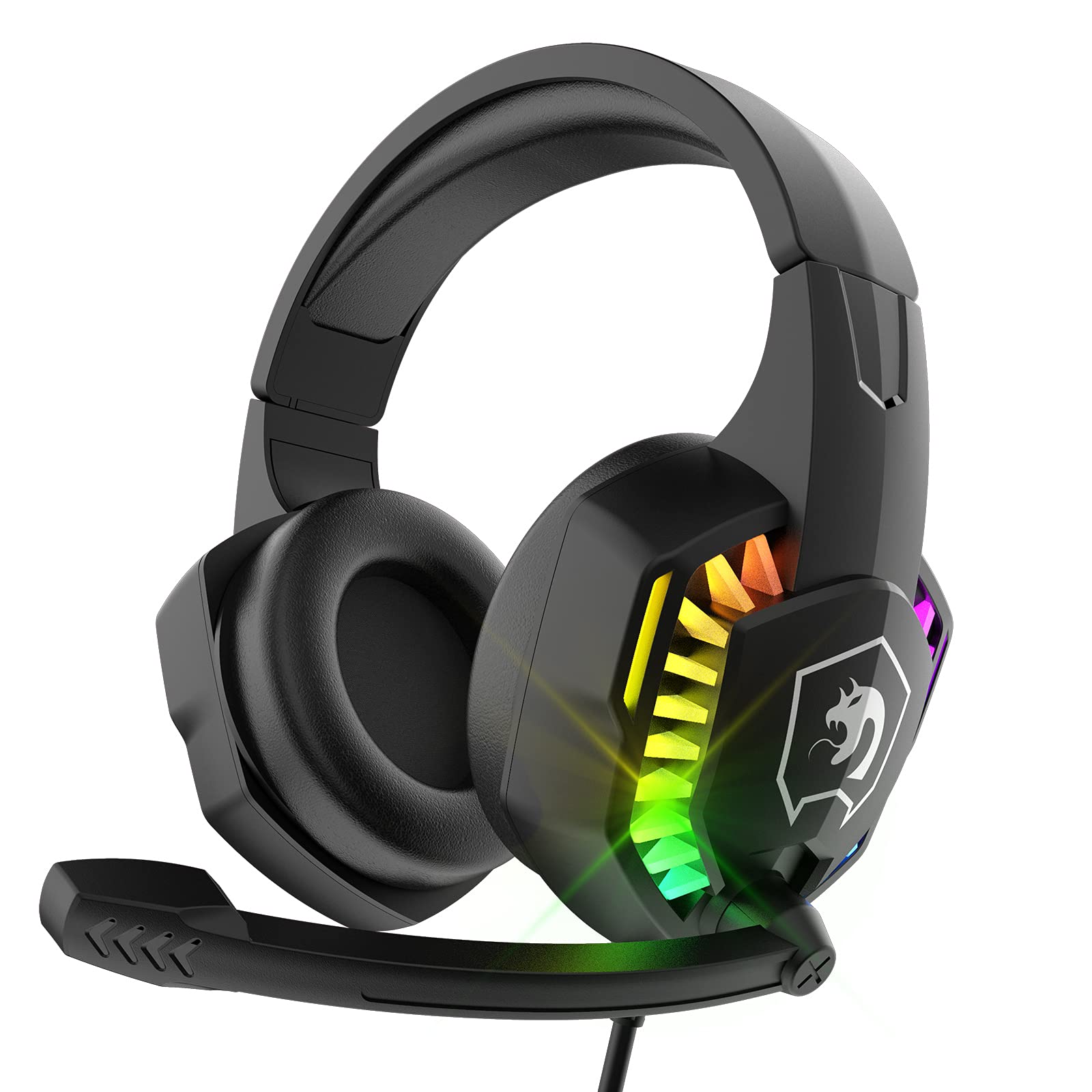 Wired Gaming Headset with Rainbow RGB Backlight Retractable Noise Isolating Microphone Stereo Sound Deep Bass Memory Foam Earmuff Over Ear Headphone for PS4 Xbox One Switch PC Mac Gamer Music (Black)