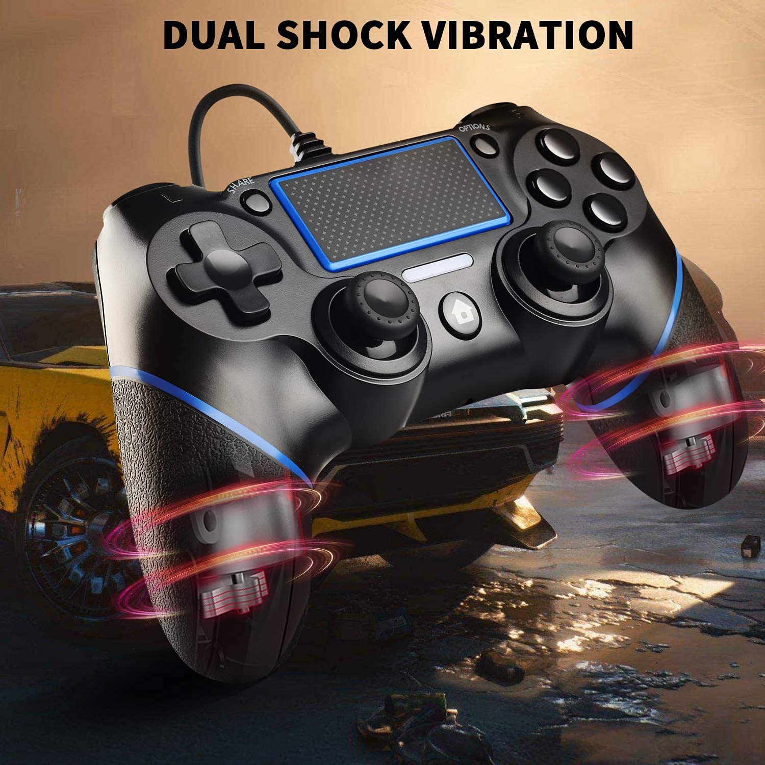 Wintek Inone PS-4 Wired Controller for PS-4/Pro/Slim/PC/Laptop, USB Plug Gamepad Joystick with Dual Vibration and Anti-Slip Grip, Professional USB PS-4 Wired Gamepad（Black & Blue）