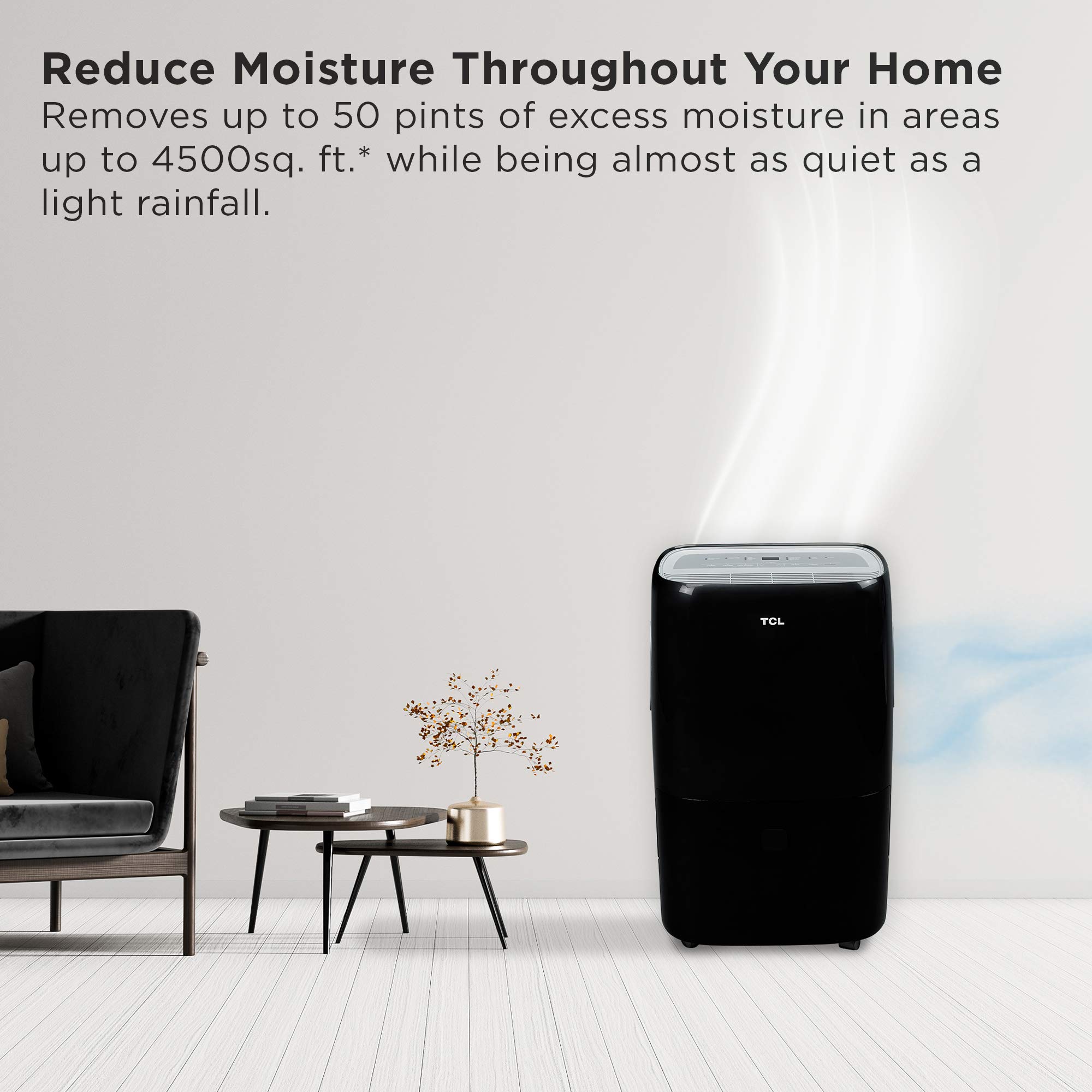 TCL Home Smart 50 Pint Dehumidifier, 4,500 Sq. Ft, App & Voice Control, Set Up in Minutes, Easy Maintenance, Basements, Bedrooms (50D91-B), Black