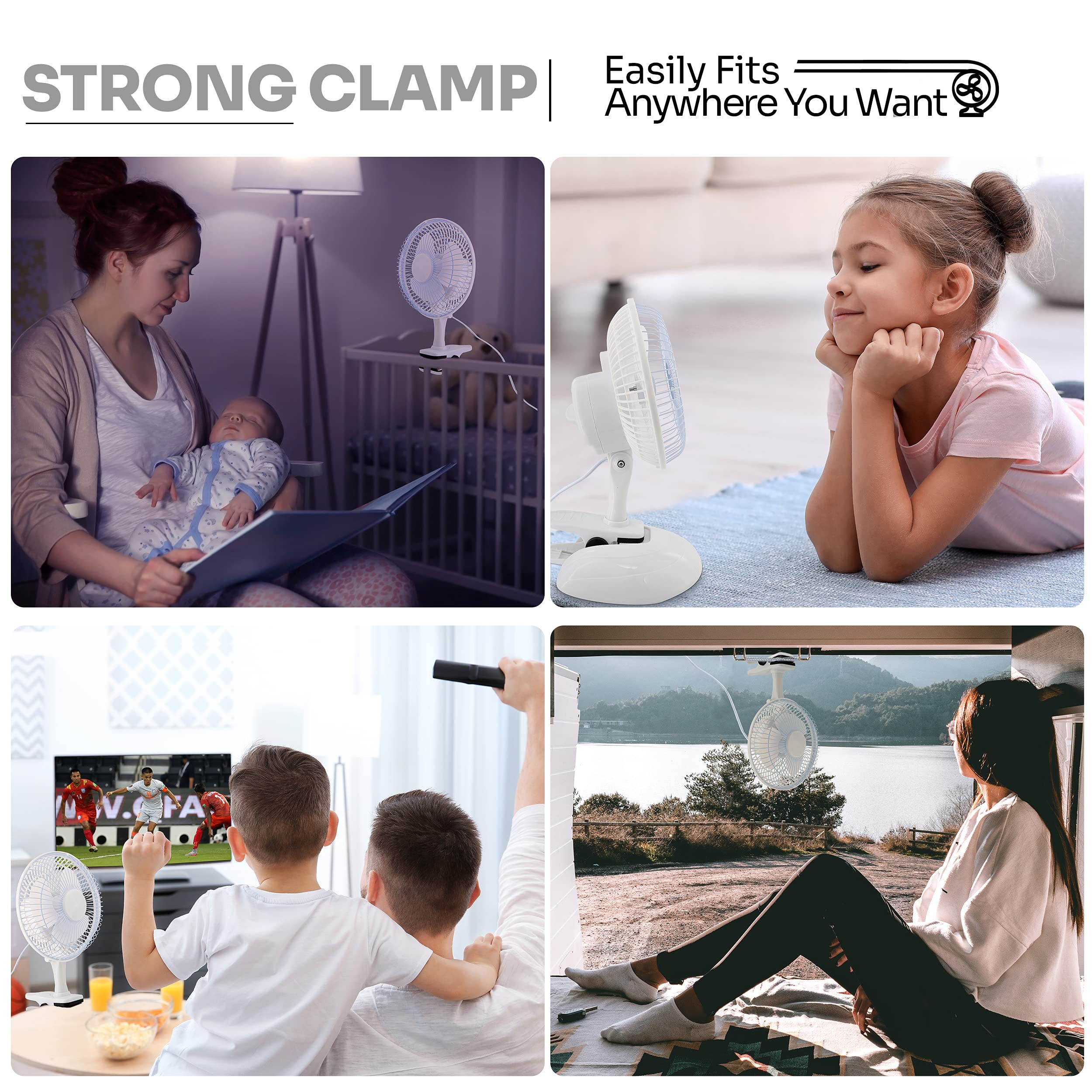 RamPro Portable Desk and Clip on Fan, 6 Inch Fans Small and Quiet Plug In, Small Personal Cooling Fan for Desk Home Bedroom Office, 2 Speed, Adjustable Tilt, White