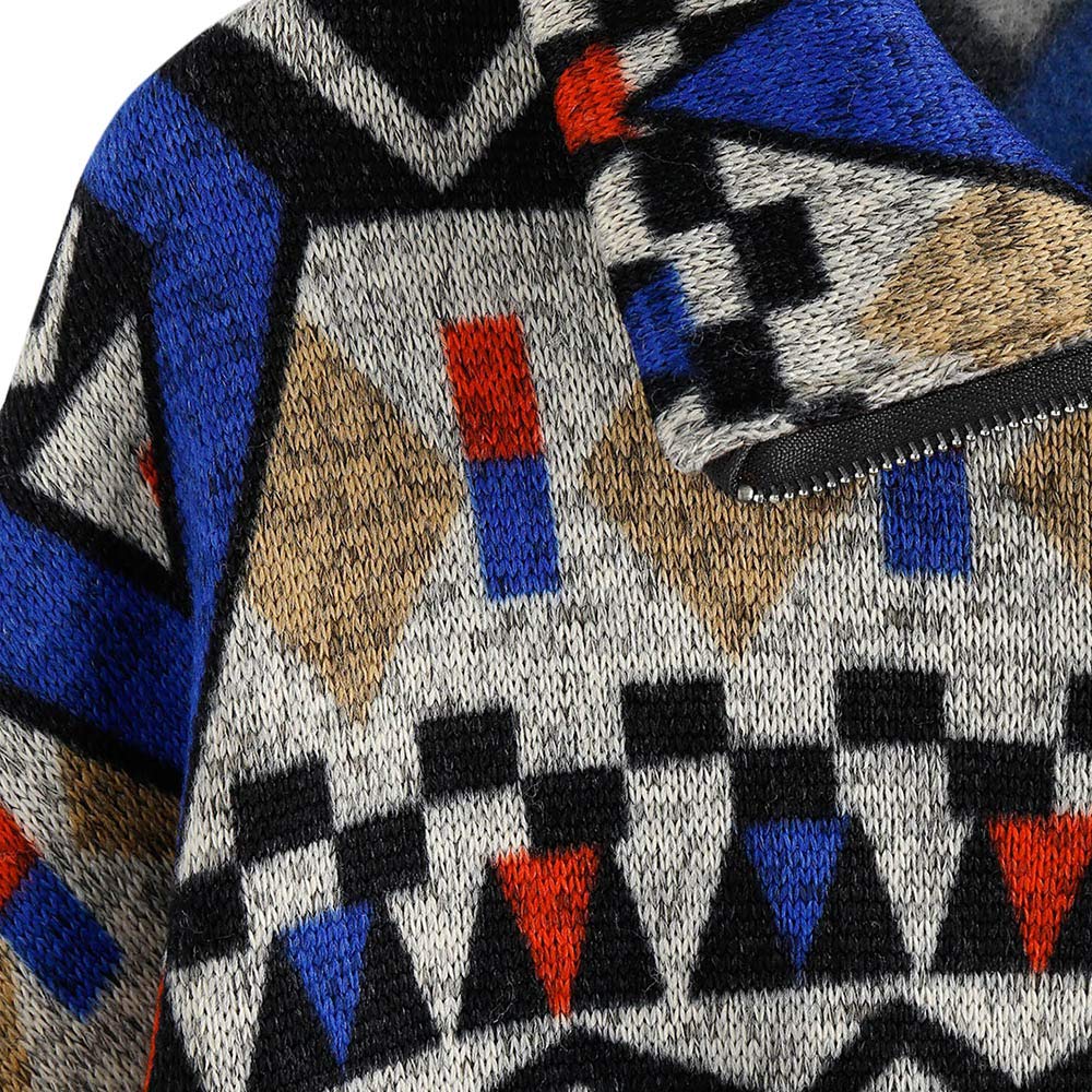 ZAFUL Women's Fashion Long Sleeve Lapel Half Zip Plain Faux Fur Sweatshirt Solid Color Crop Pullover Tops (S, Blue+red-Ethnic Print)
