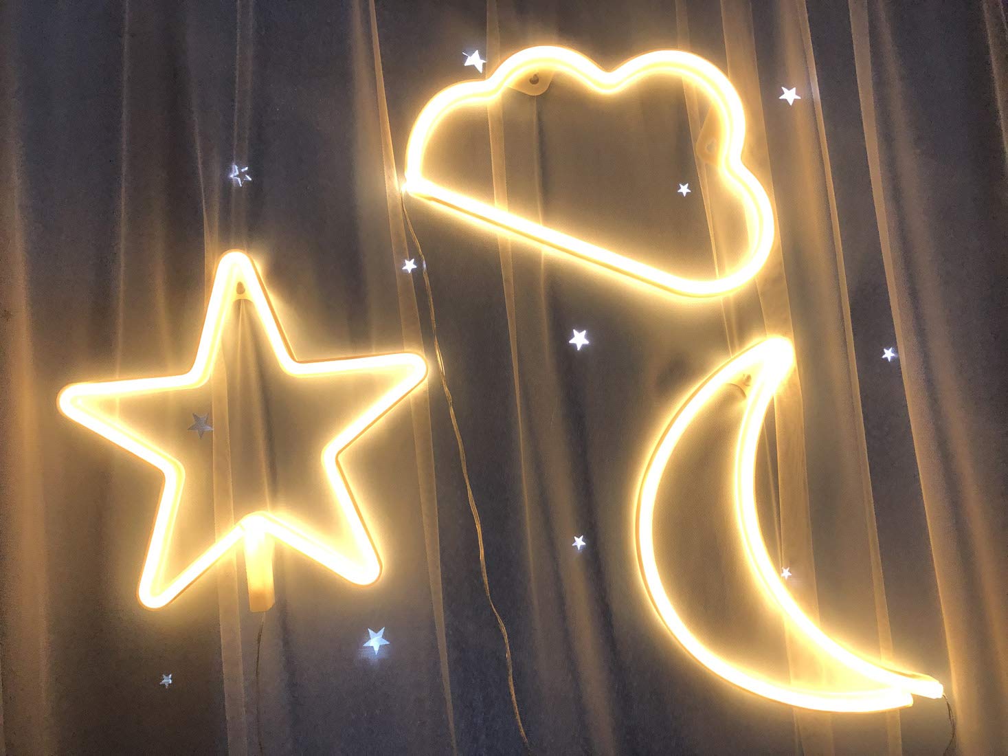 Star Moon and Cloud Neon Night Sign Decorative LED Light Art Wall Decor for Bar Bedroom Birthday Party Decor Powered by Battery/USB (Warm White)