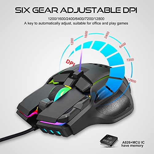 WREWING Gaming Mouse, Rainbow Backlit Wired Gaming Mice with 10 Macro Programming Buttons 6 Adjustable DPI 1000 Polling Rate, Ergonomic Mouse for PC Laptop Mac Windows (Black)