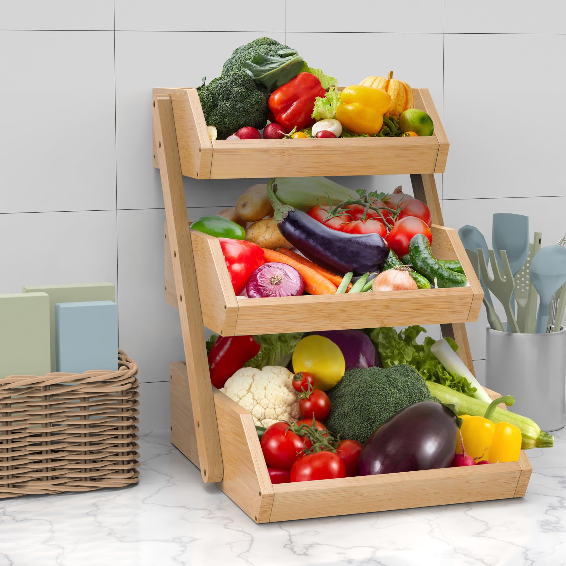 Purbambo 3-Tier Bamboo Fruit Basket for Kitchen Counter, Large Capacity Fruits Storage Rack Vegetables Bowl Stand Holder