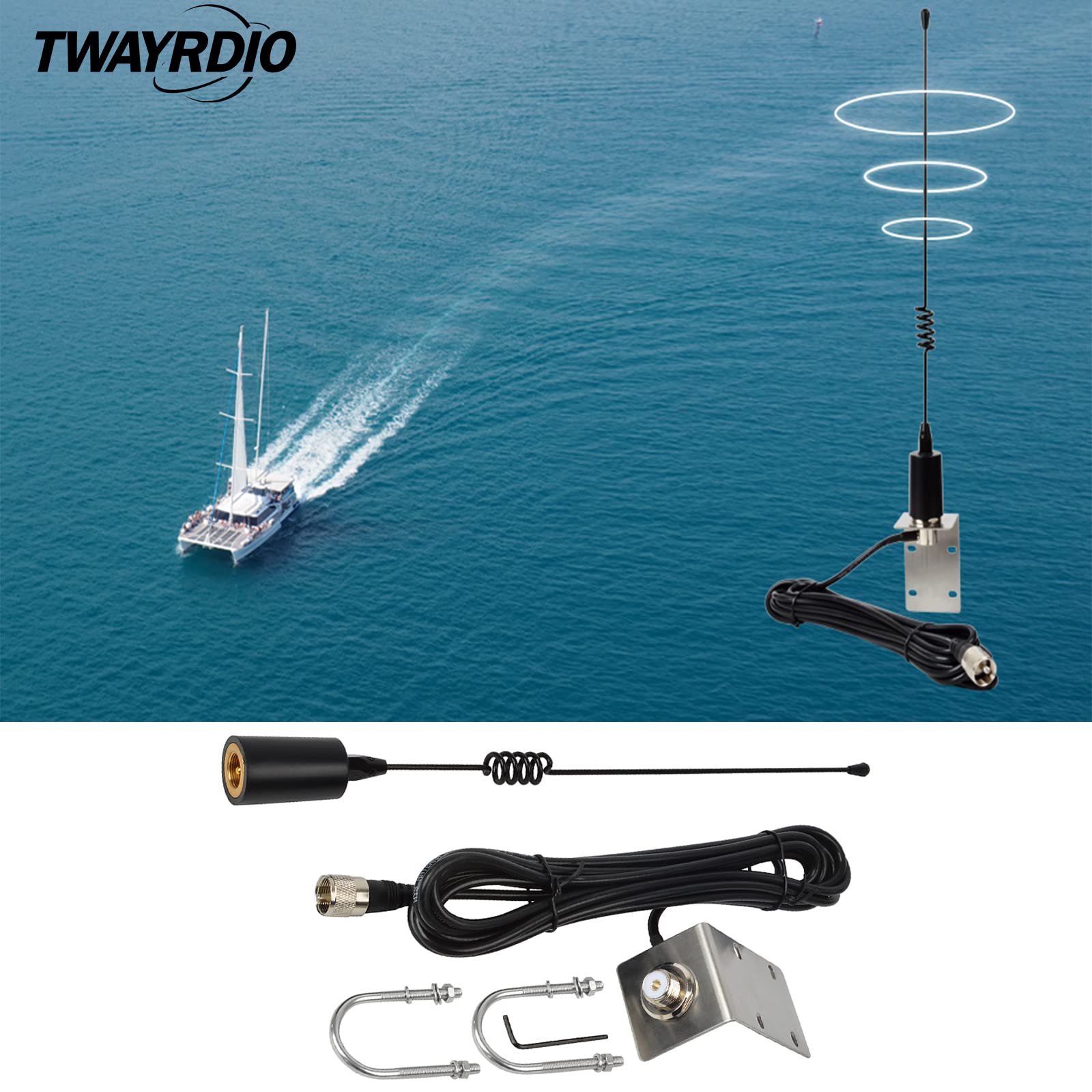 TWAYRDIO VHF Marine Antenna, 156-163MHz 50W Boat Radios Antennas with 16.4ft Coaxial Cable (SO239 to PL259 Connector),L-Shape Mounting Bracket and U-bolt for Midland Uniden Cobra Icom Marine Radio